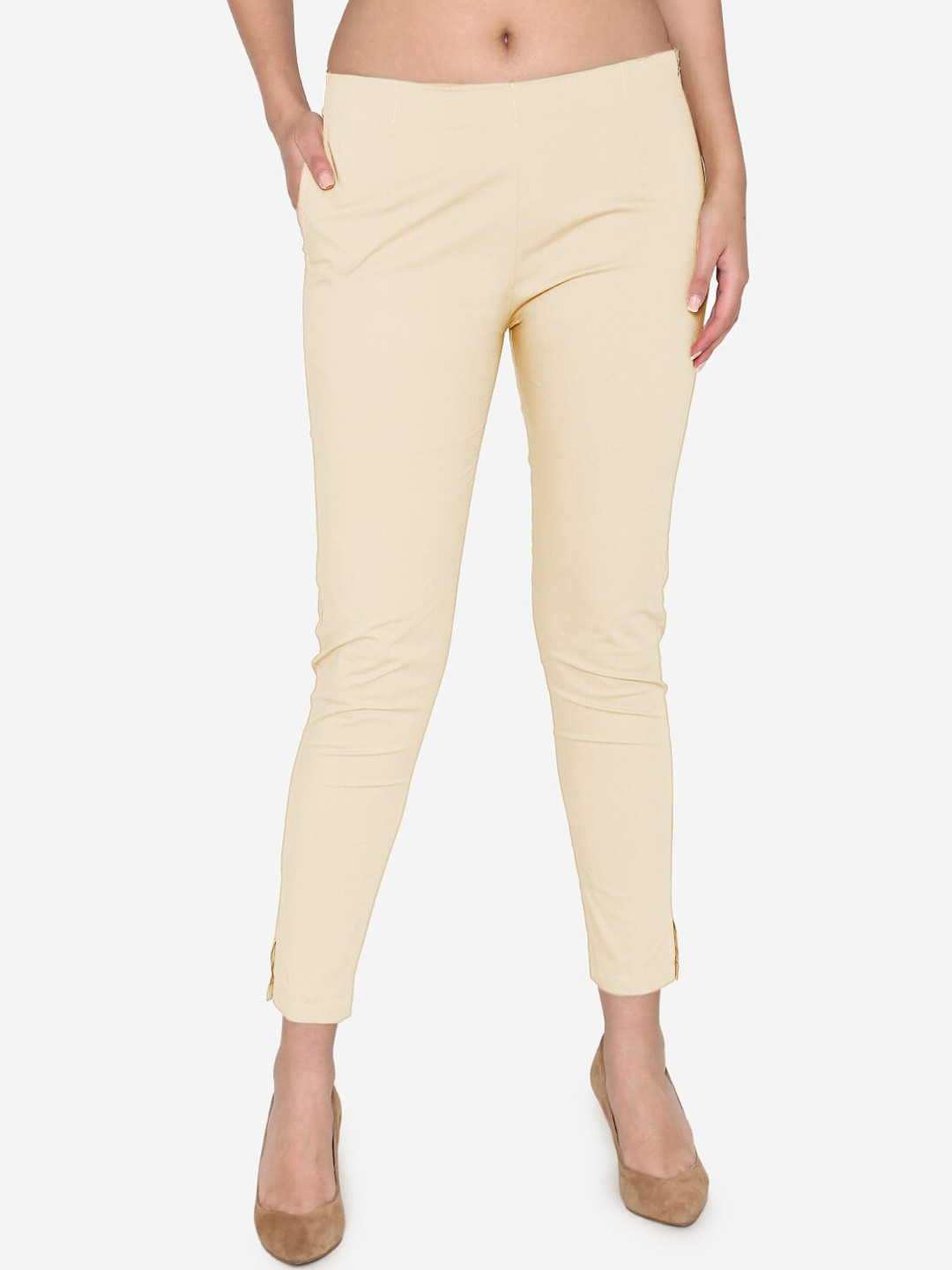 Buy Vami Women Cream Coloured Regular Fit Solid Cigarette Trousers ...
