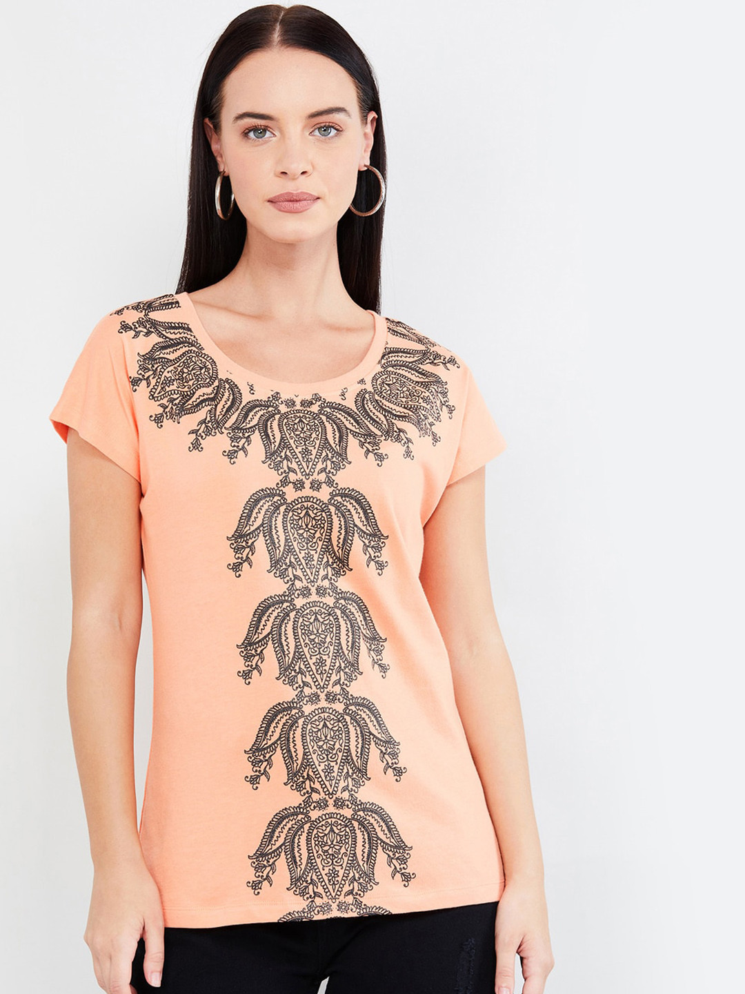 Buy Max Women Peach Coloured Printed Round Neck Pure Cotton T Shirt ...