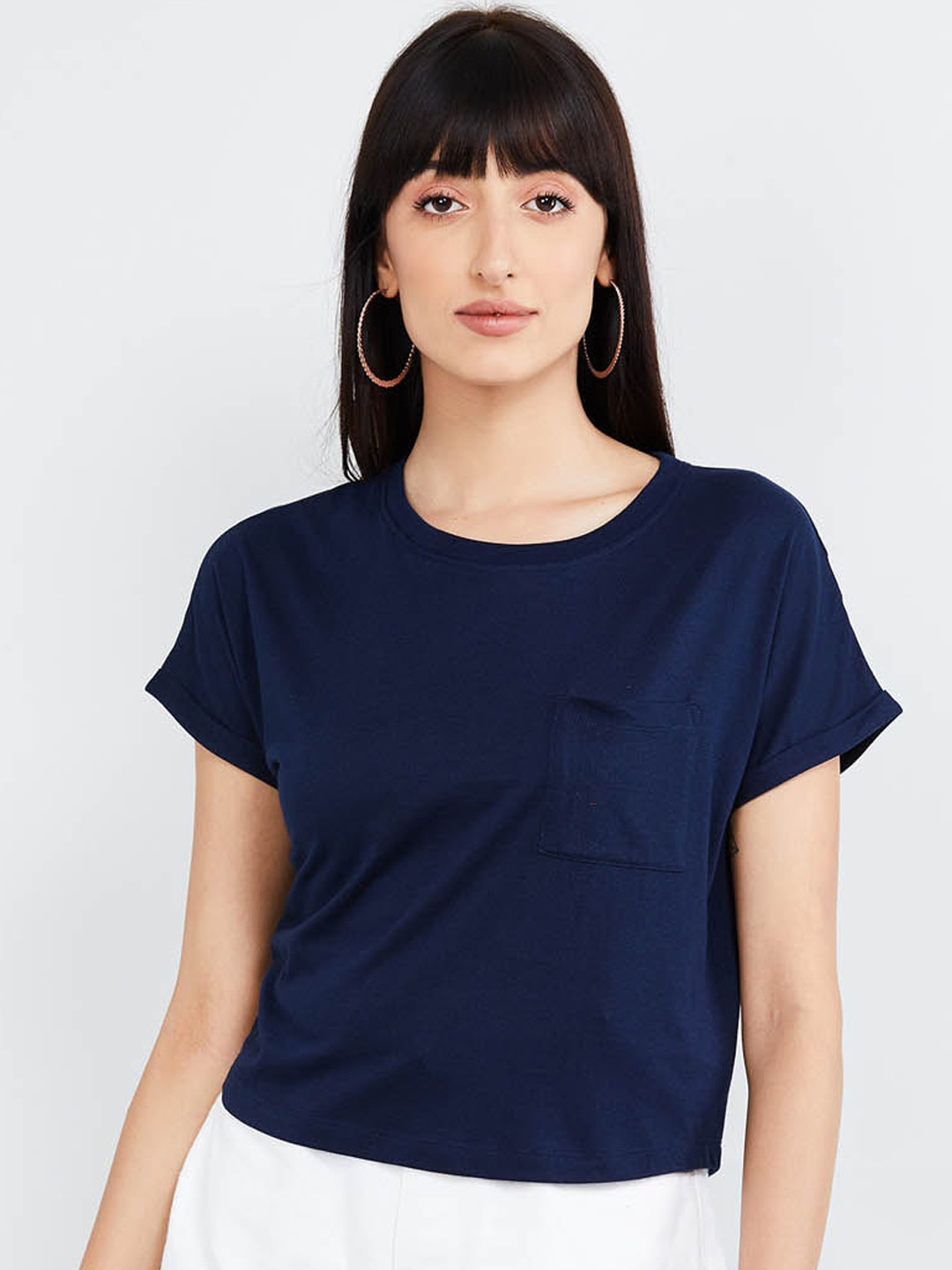 Buy Max Women Navy Blue Solid Scoop Neck T Shirt - Tshirts for Women ...