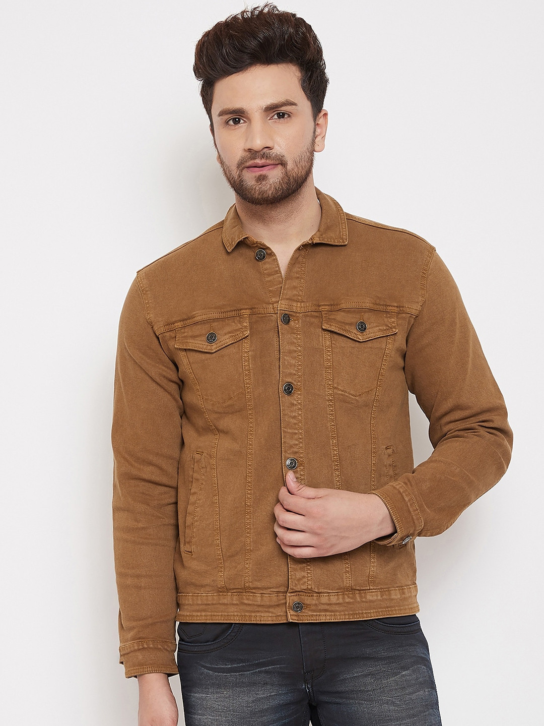 Buy Canary London Men Mustard Brown Solid Denim Jacket - Jackets for ...