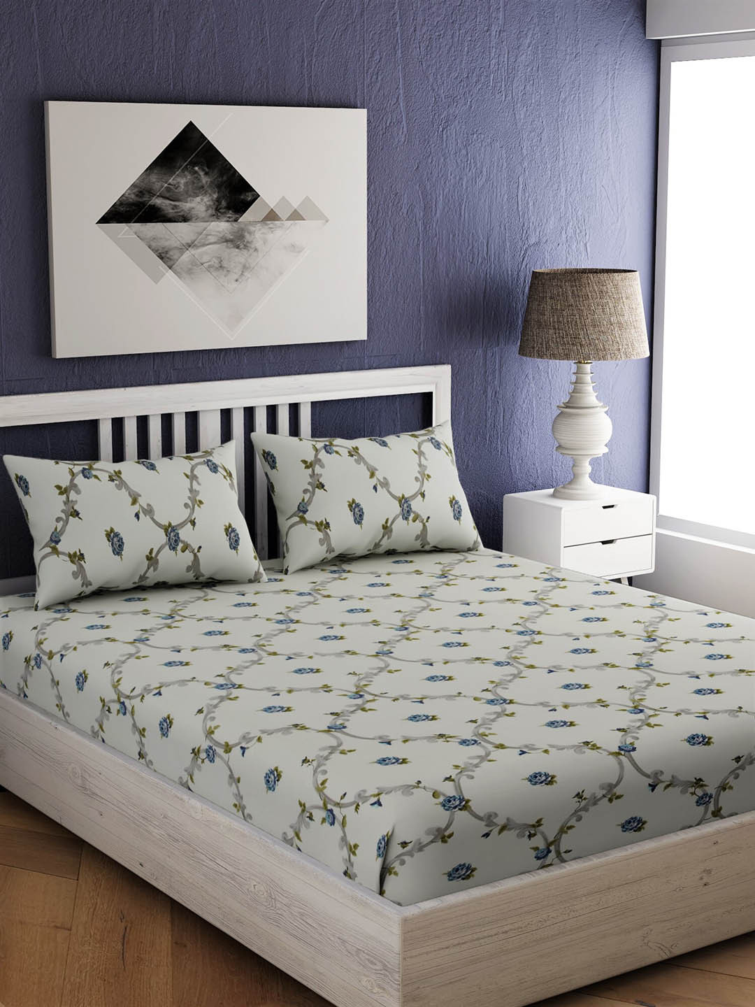 Buy EverHOME Cream Coloured & Blue Floral 210 TC Cotton 1 King Bedsheet ...