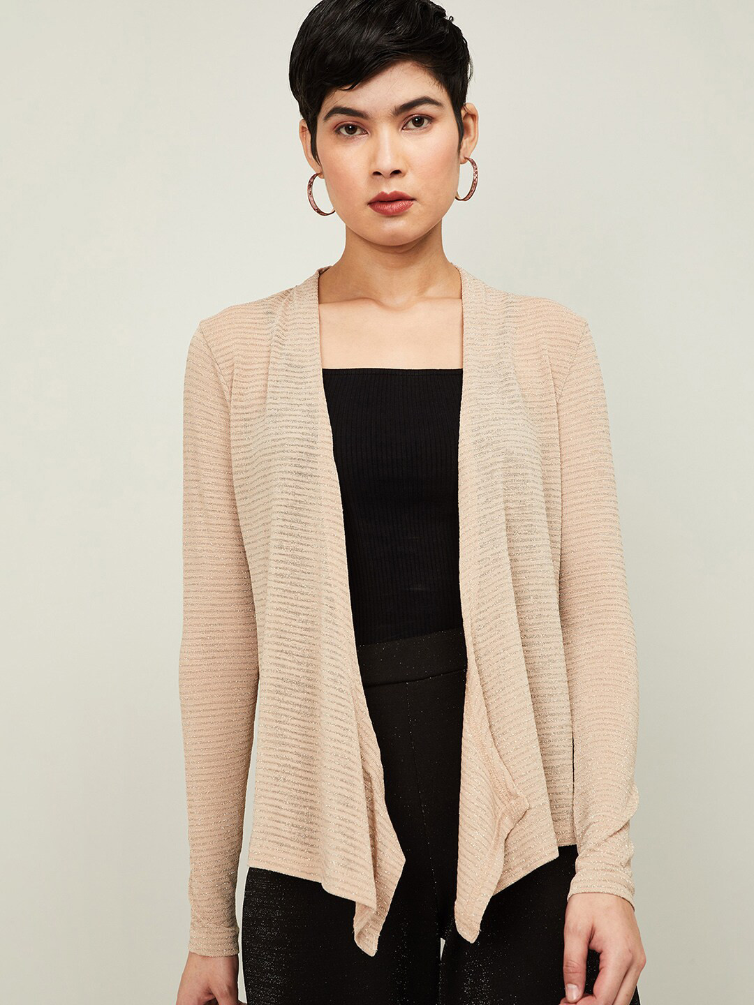 Buy CODE By Lifestyle Women Beige Striped Open Front Shrug - Shrug for ...