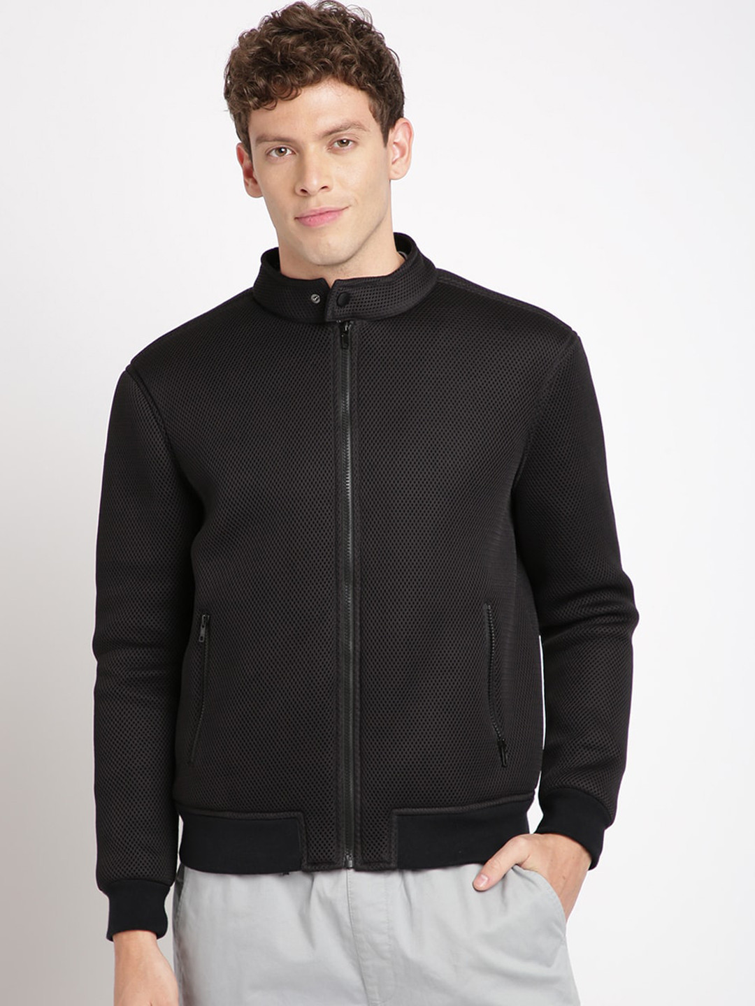 Buy Breakbounce Men Black Self Design Windcheater Bomber Jacket ...