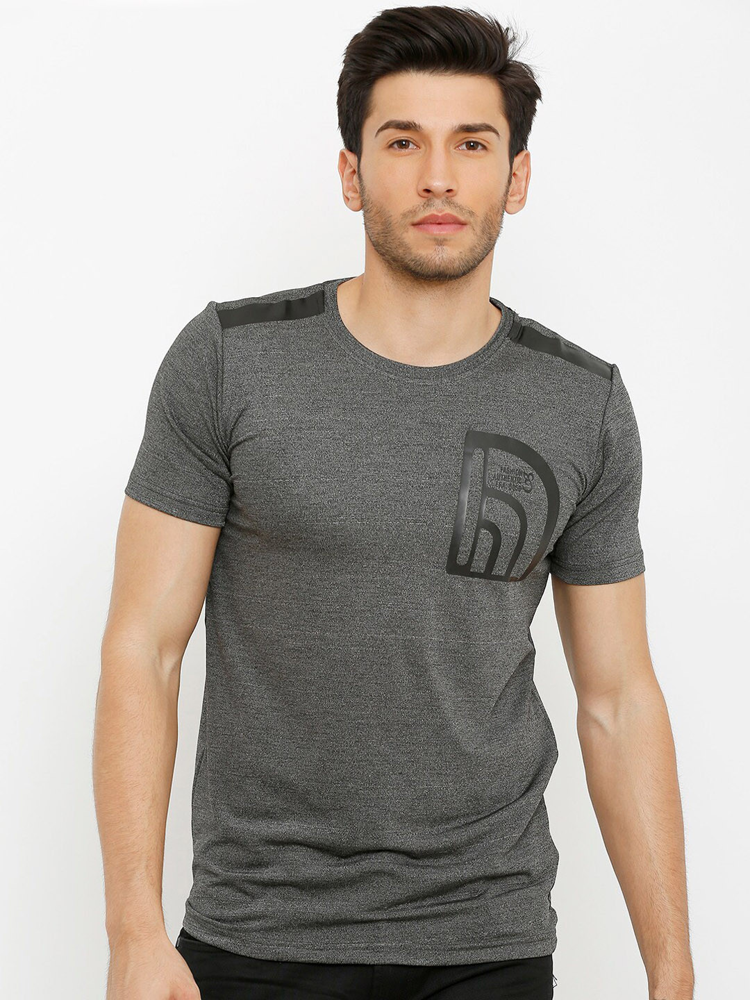 Buy Rex Straut Jeans Men Charcoal Grey Solid Dry Fit Round Neck T Shirt ...