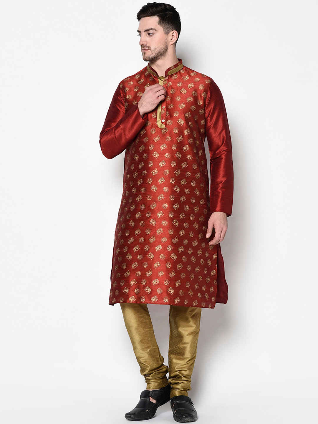 Buy DEYANN Men Red & Gold Toned Woven Design Kurta With Churidar ...