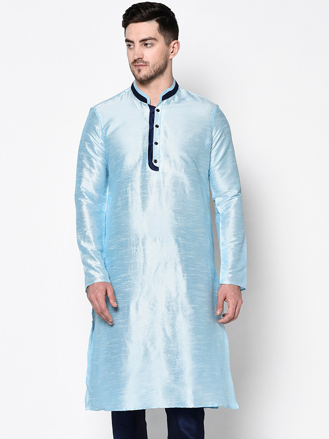 Buy DEYANN Men Blue & Navy Blue Woven Design Kurta With Churidar ...
