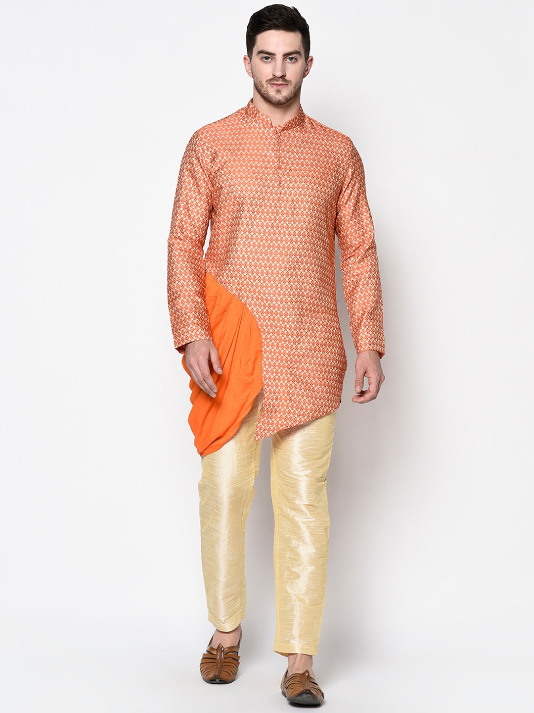 Buy DEYANN Men Orange & Gold Toned Woven Design Kurta With Pyjamas ...