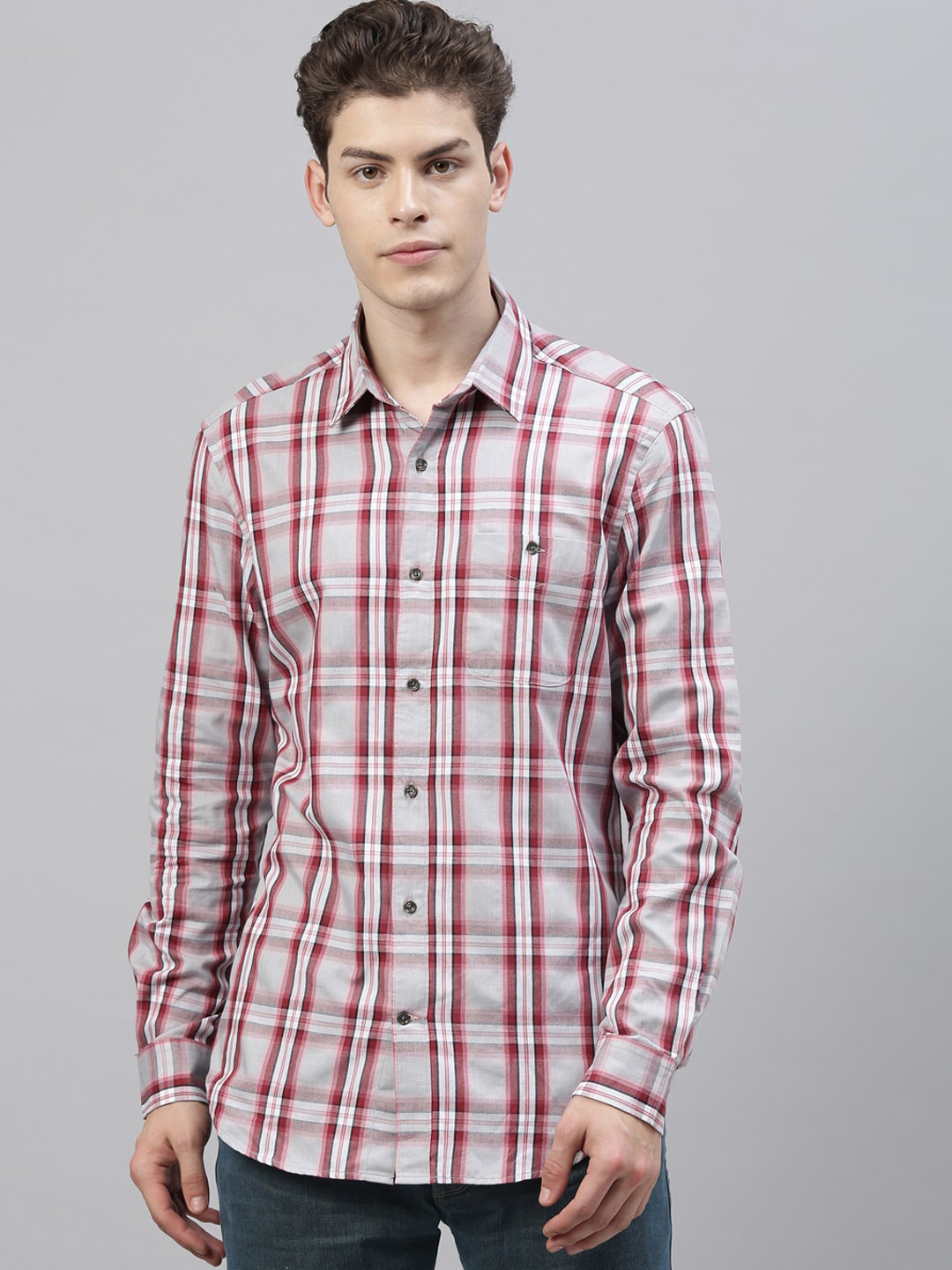 Buy RARE RABBIT Men Grey & Red Regular Fit Checked Casual Shirt ...