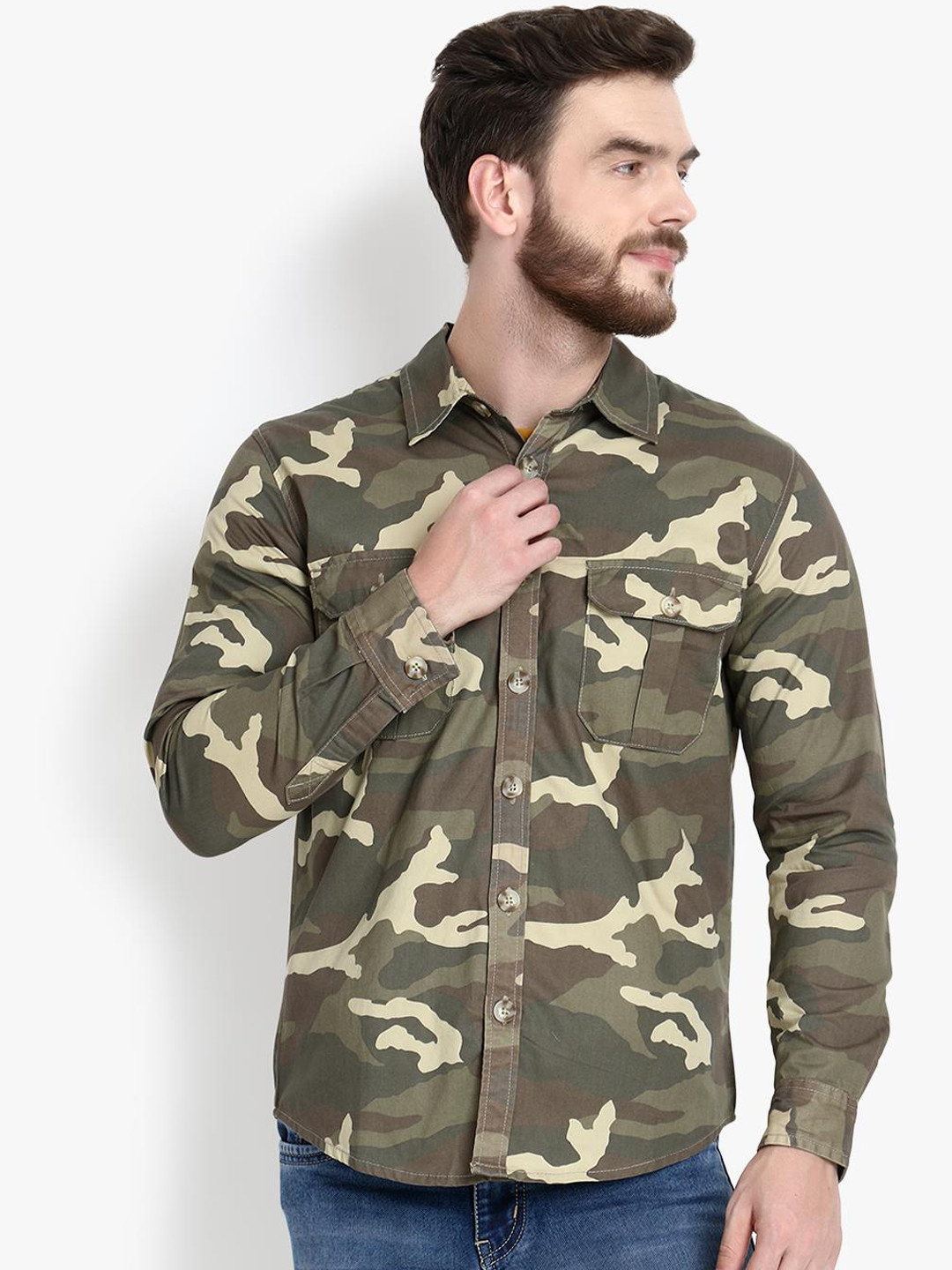 Buy Kotty Men Olive Green Camo Printed Lightweight Shacket - Shackets ...
