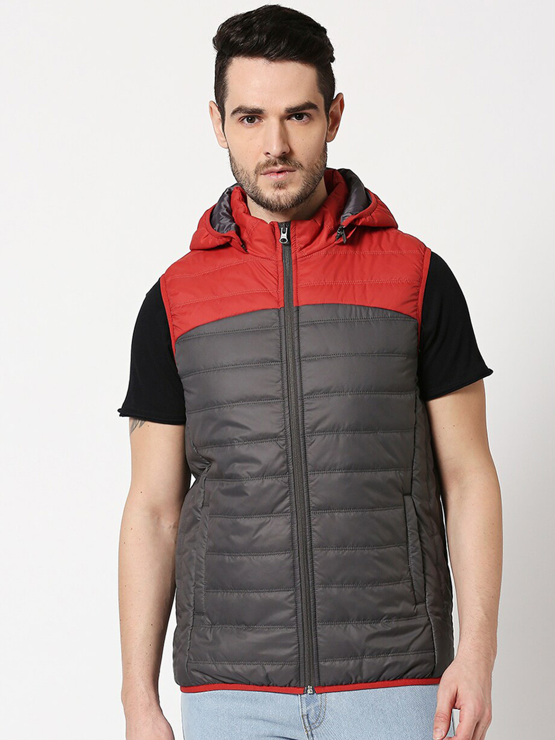 Buy Bewakoof Men Red & Grey Colourblocked Padded Jacket - Jackets for ...