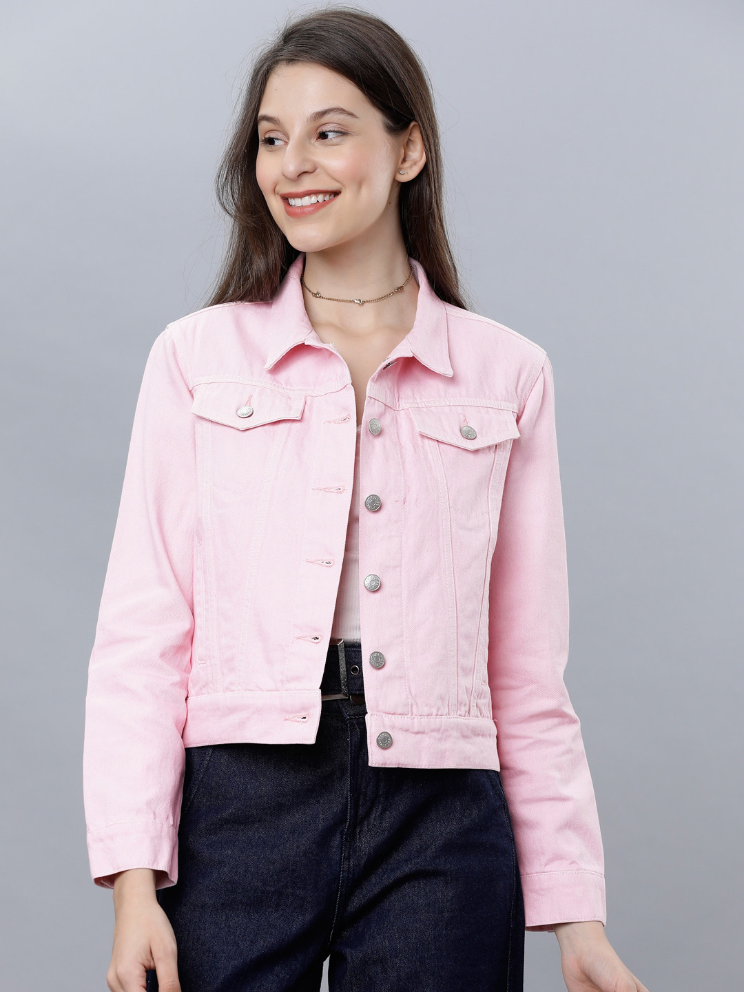 Buy Tokyo Talkies Women Pink Solid Denim Jacket - Jackets for Women ...