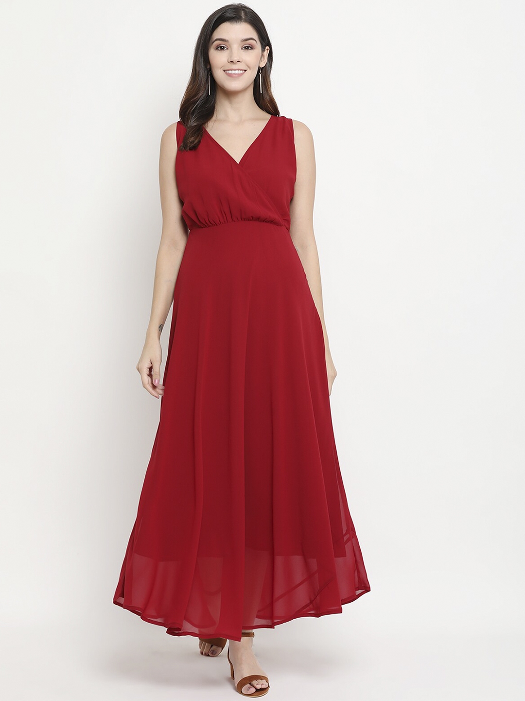Buy Thread Muster Maroon Georgette V Neck Maxi Dress Dresses For