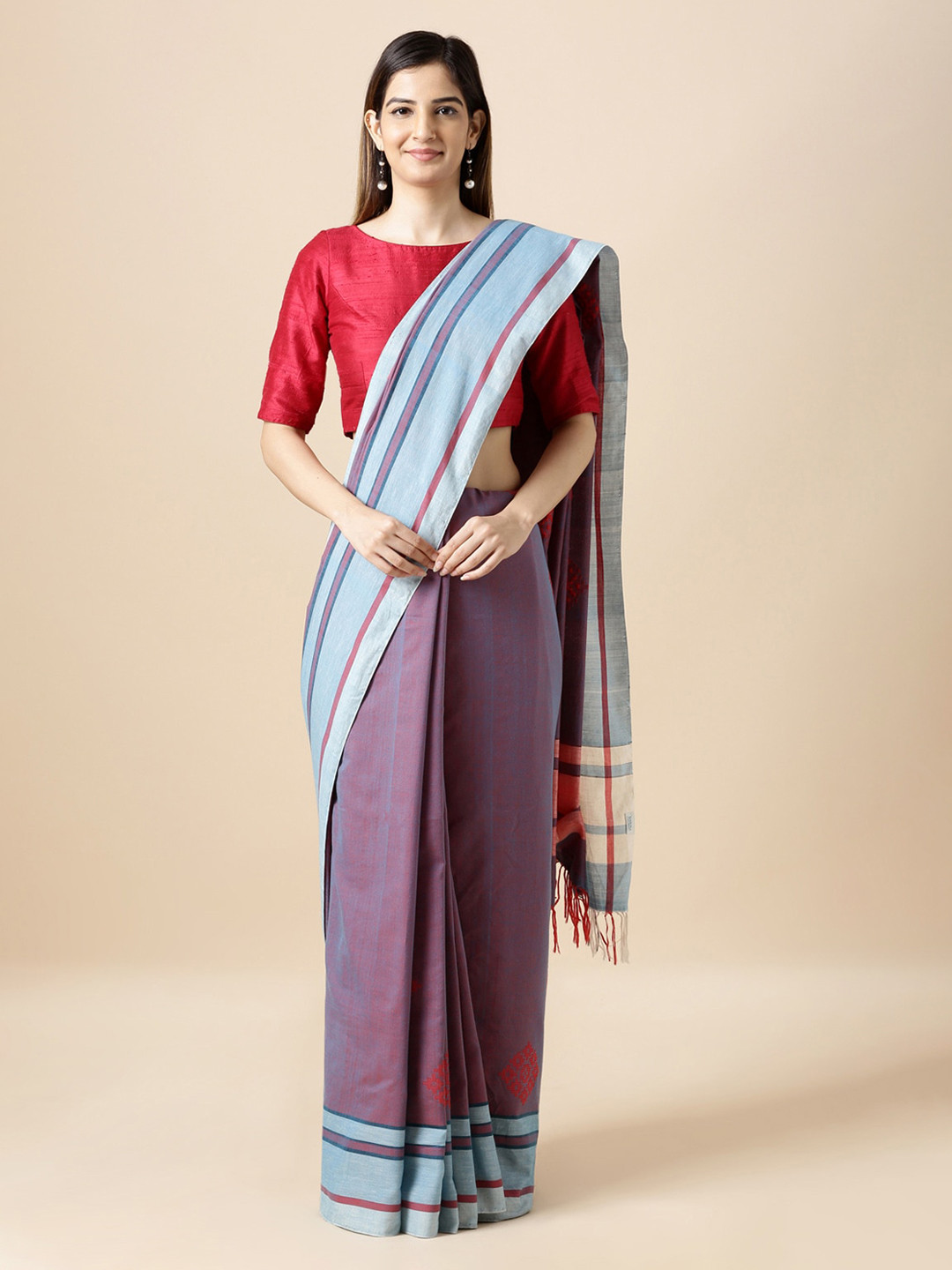Buy Taneira Purple & Blue Pure Cotton Striped Cotton Bihar Saree ...