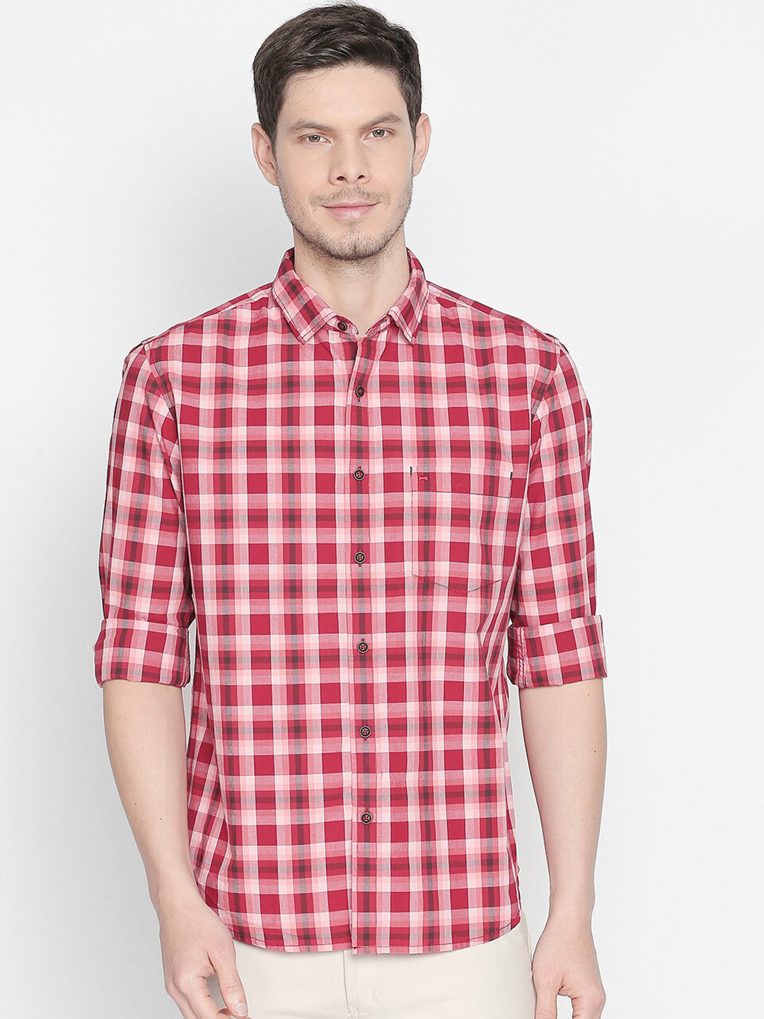 Buy Basics Men Red Slim Fit Checked Casual Shirt - Shirts for Men ...