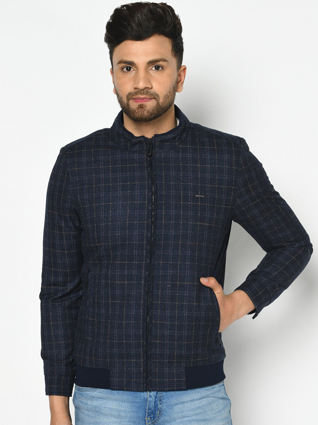 Buy METTLE Men Navy Blue Checked Bomber Jacket - Jackets for Men ...