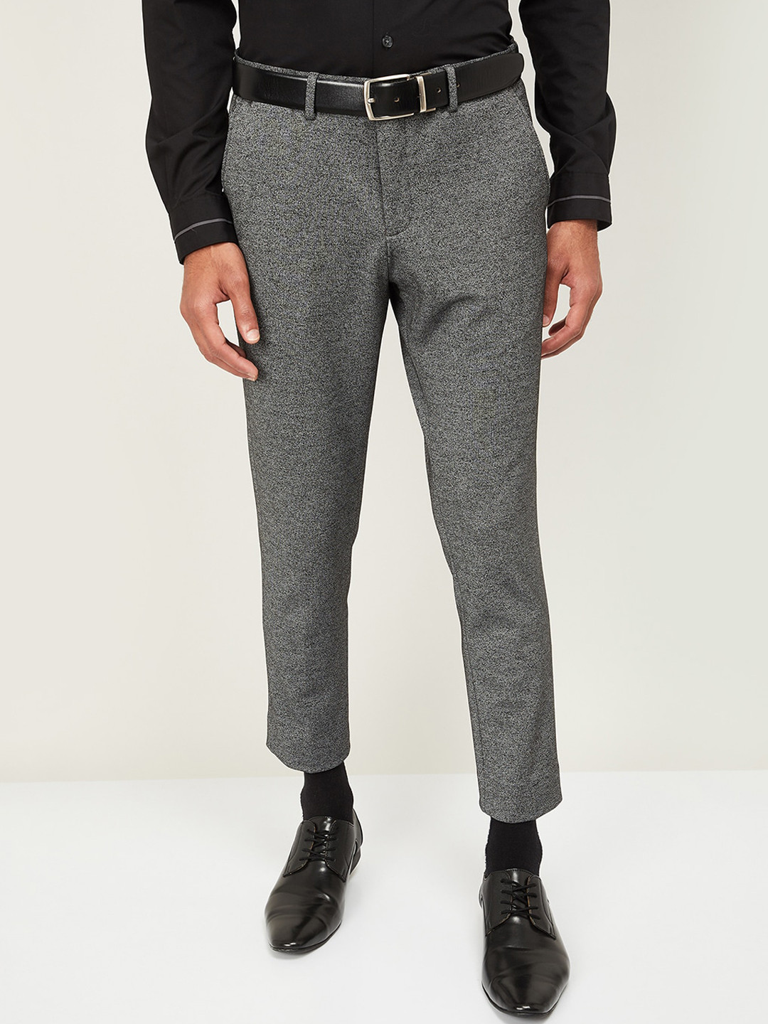 Buy CODE By Lifestyle Men Grey Slim Fit Self Design Regular Trousers ...