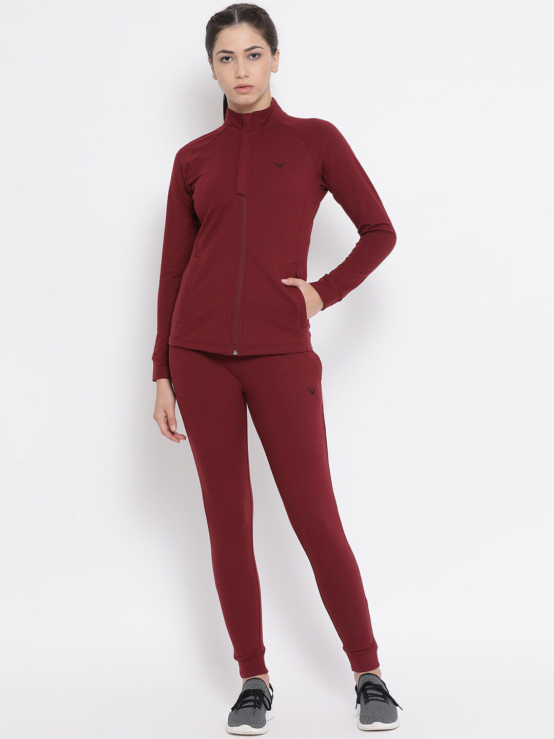 Buy Invincible Women Burgundy Solid Slim Fit Tracksuit - Tracksuits for ...
