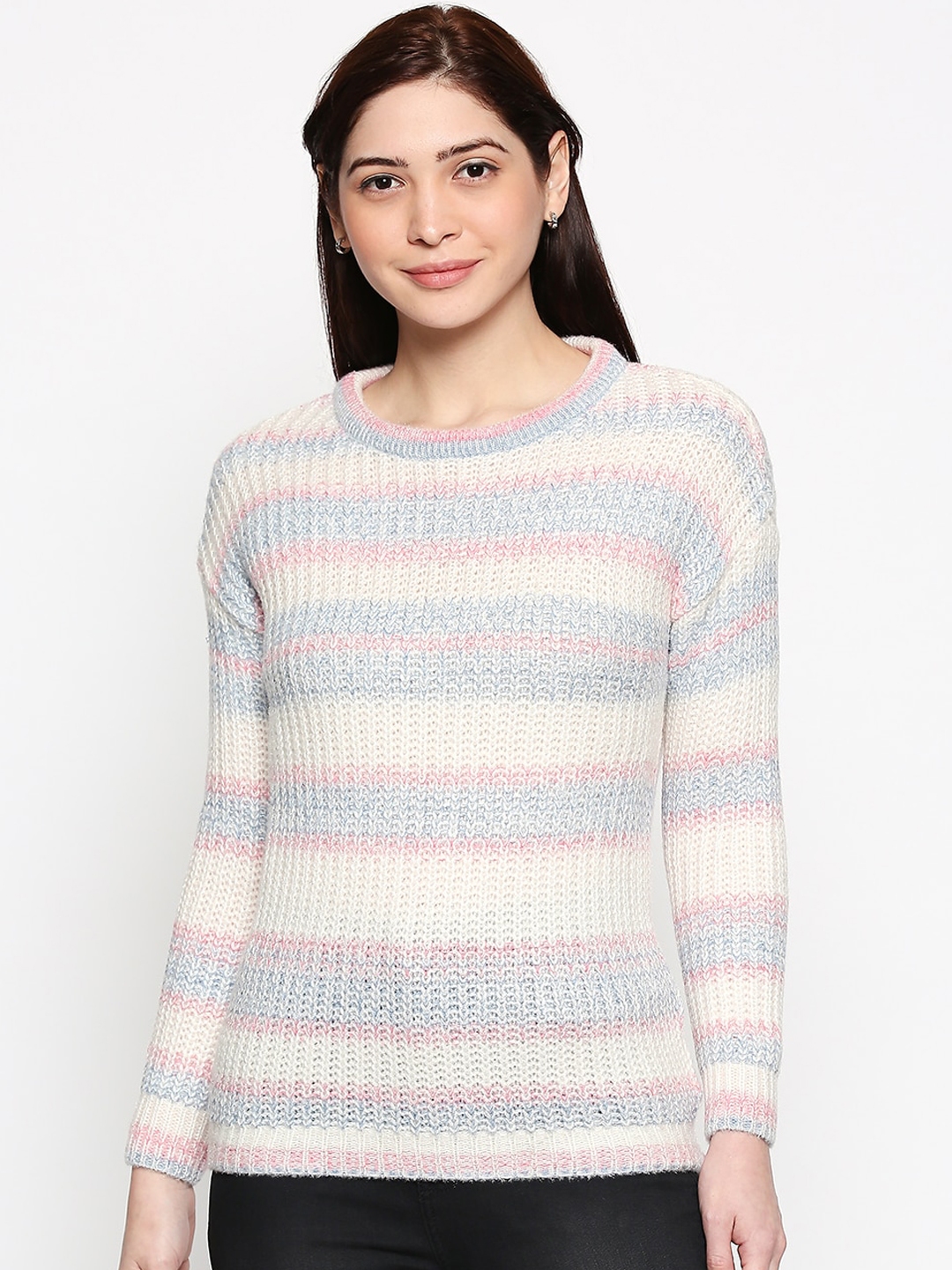 Buy People Women Pink And Blue Striped Woollen Pullover Sweater