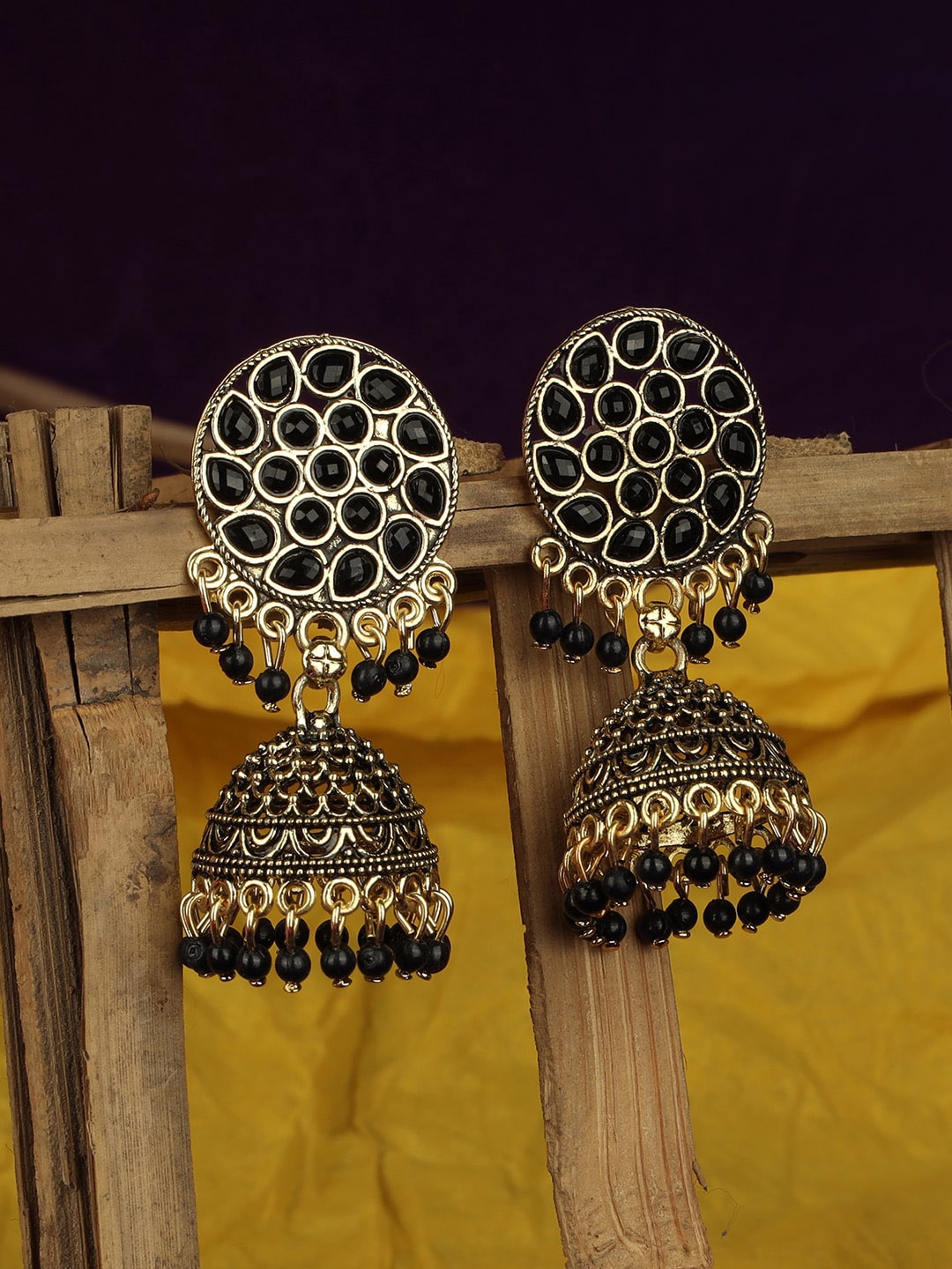 Buy ANIKAS CREATION Gold Plated & Black Contemporary Jhumkas - Earrings ... Buy ANIKAS CREATION Gold Plated & Black Contemporary Jhumkas - Earrings ...