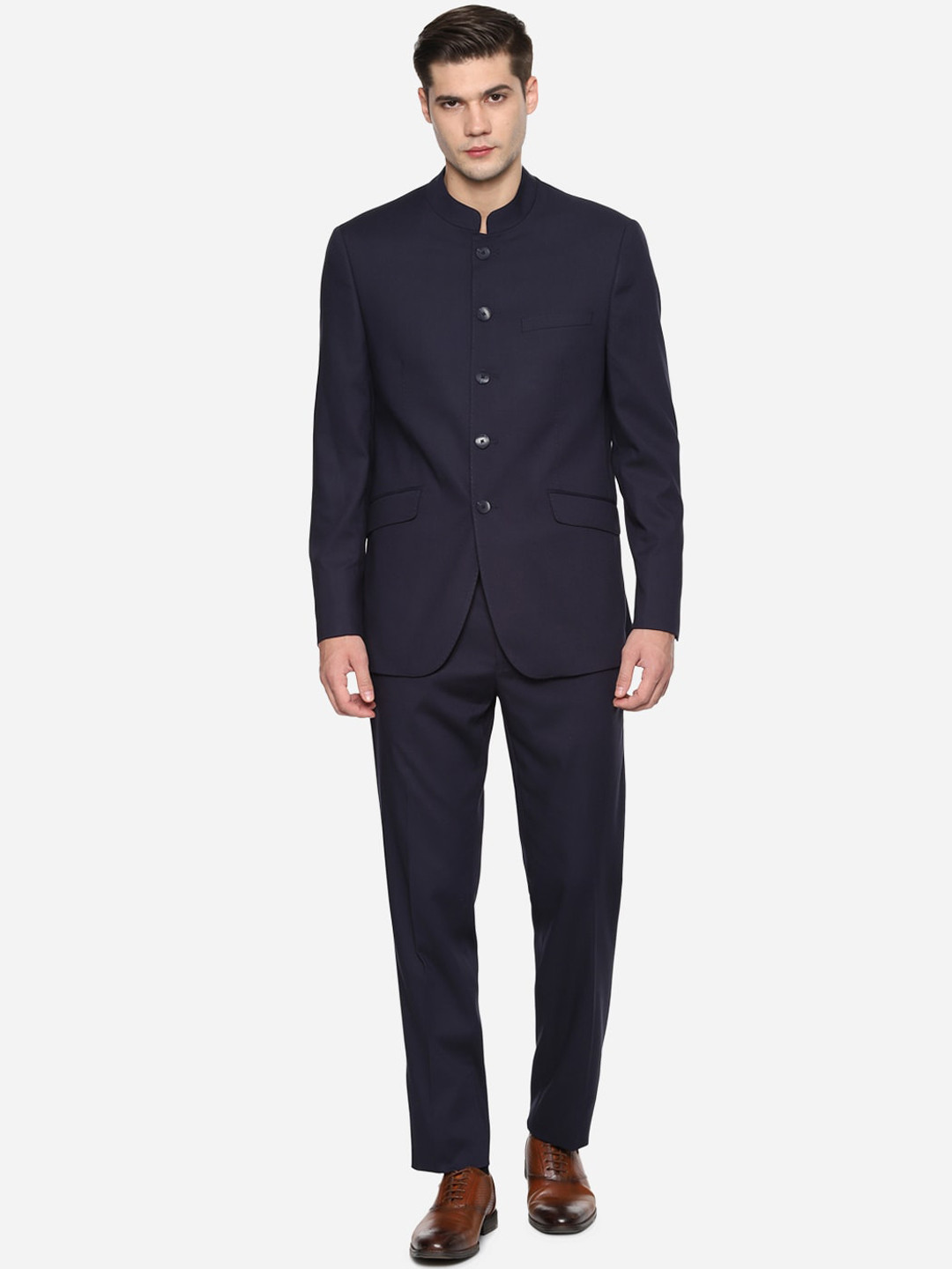 Buy Van Heusen Men Navy Blue Solid Slim Fit Single Breasted Bandhgala ...