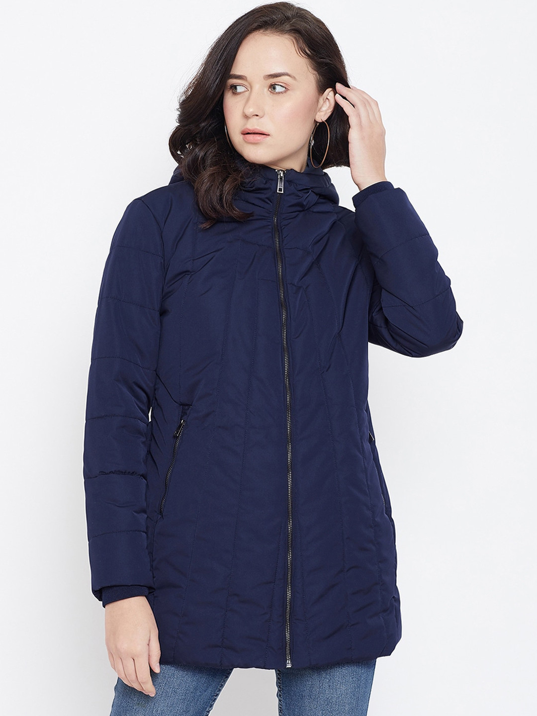 Buy Octave Women Navy Blue Solid Lightweight Padded Jacket - Jackets ...
