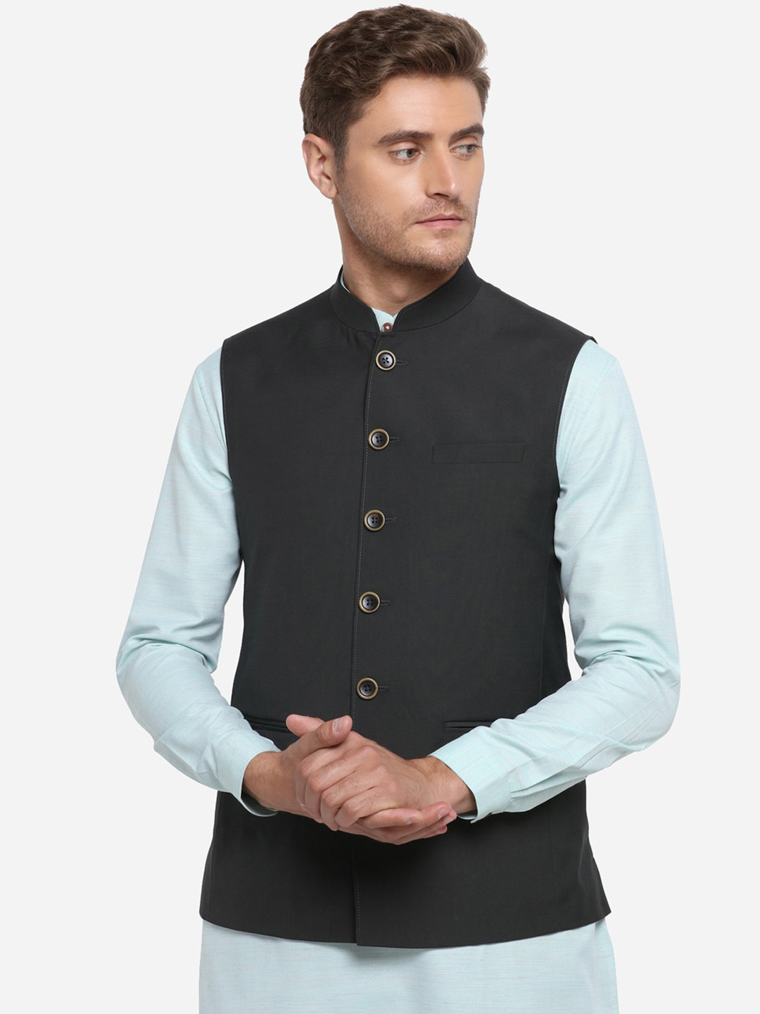Buy JADE BLUE Men Green Solid Modi Jacket - Nehru Jackets for Men ...