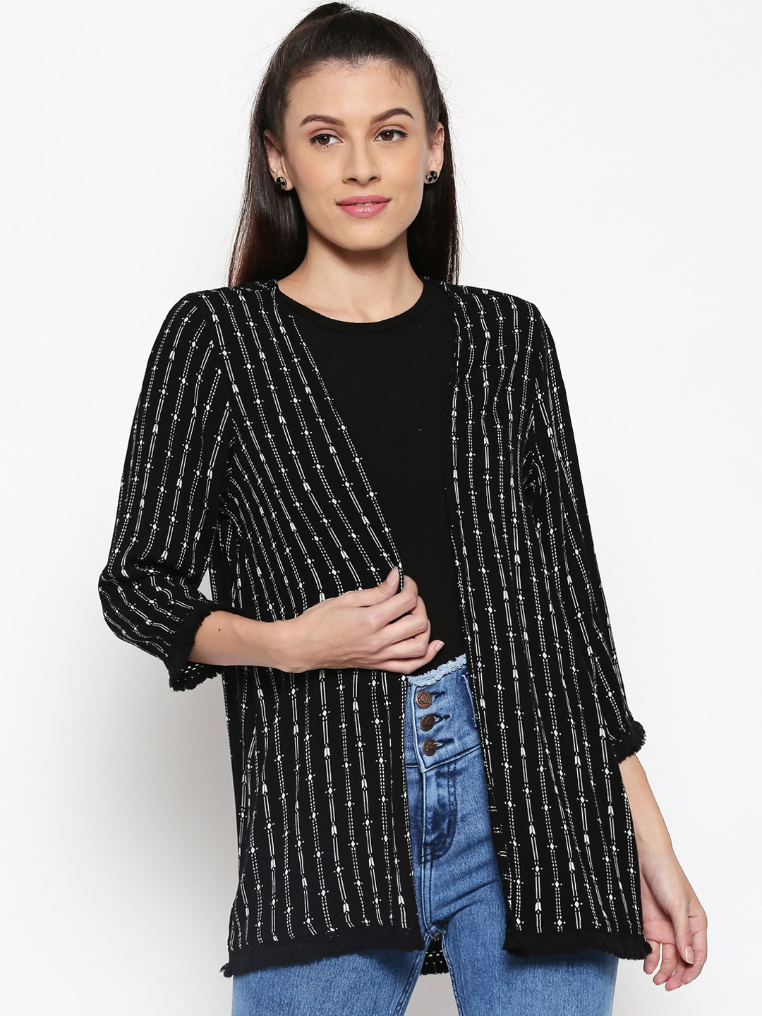 Buy People Women Black Printed Open Front Longline Jacket - Jackets for ...