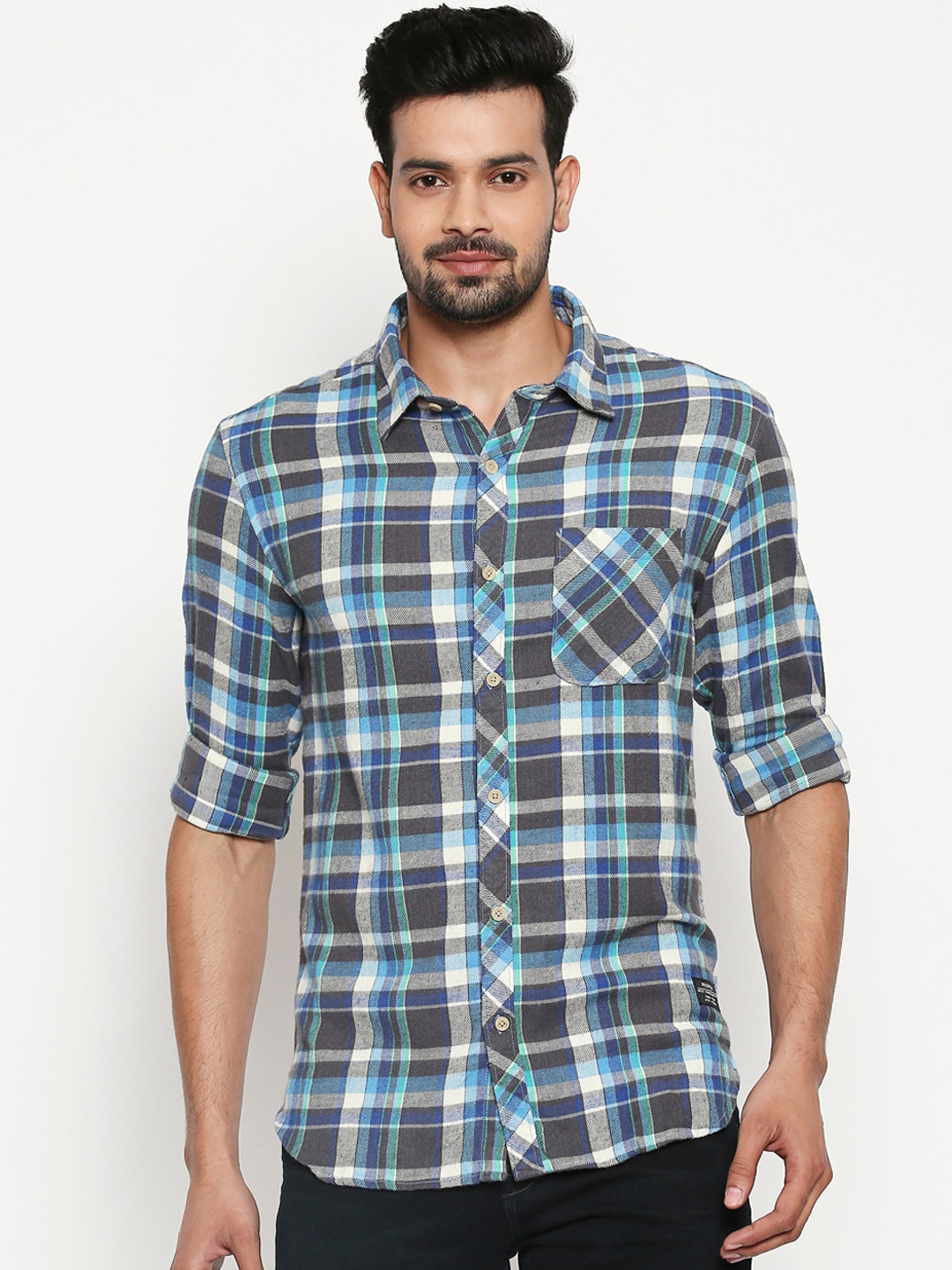 Buy People Men Blue Slim Fit Checked Casual Shirt - Shirts for Men ...