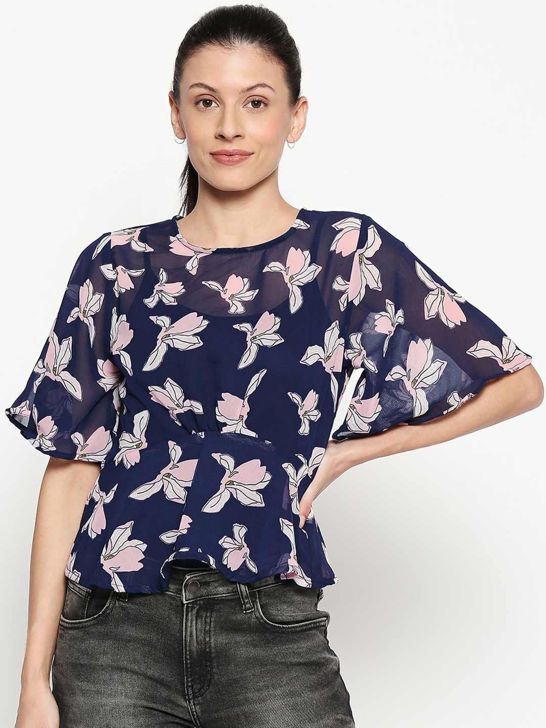 Buy People Women Navy Blue Floral Printed Top - Tops for Women 13339332 ...