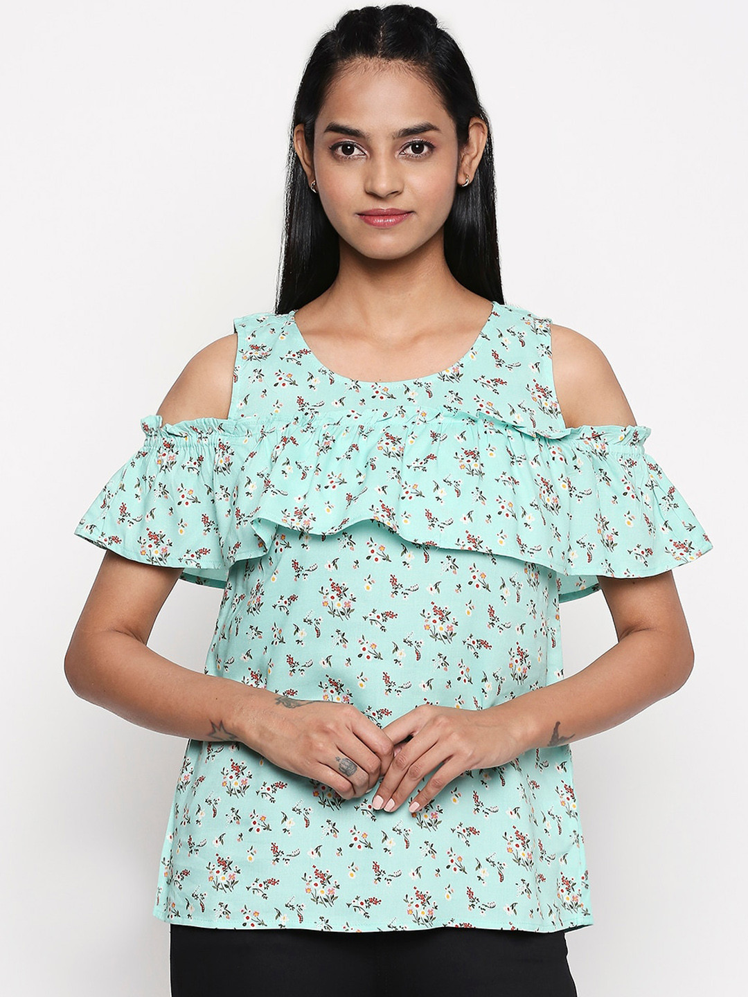 Buy People Women Turquoise Blue Floral Printed Top - Tops for Women ...