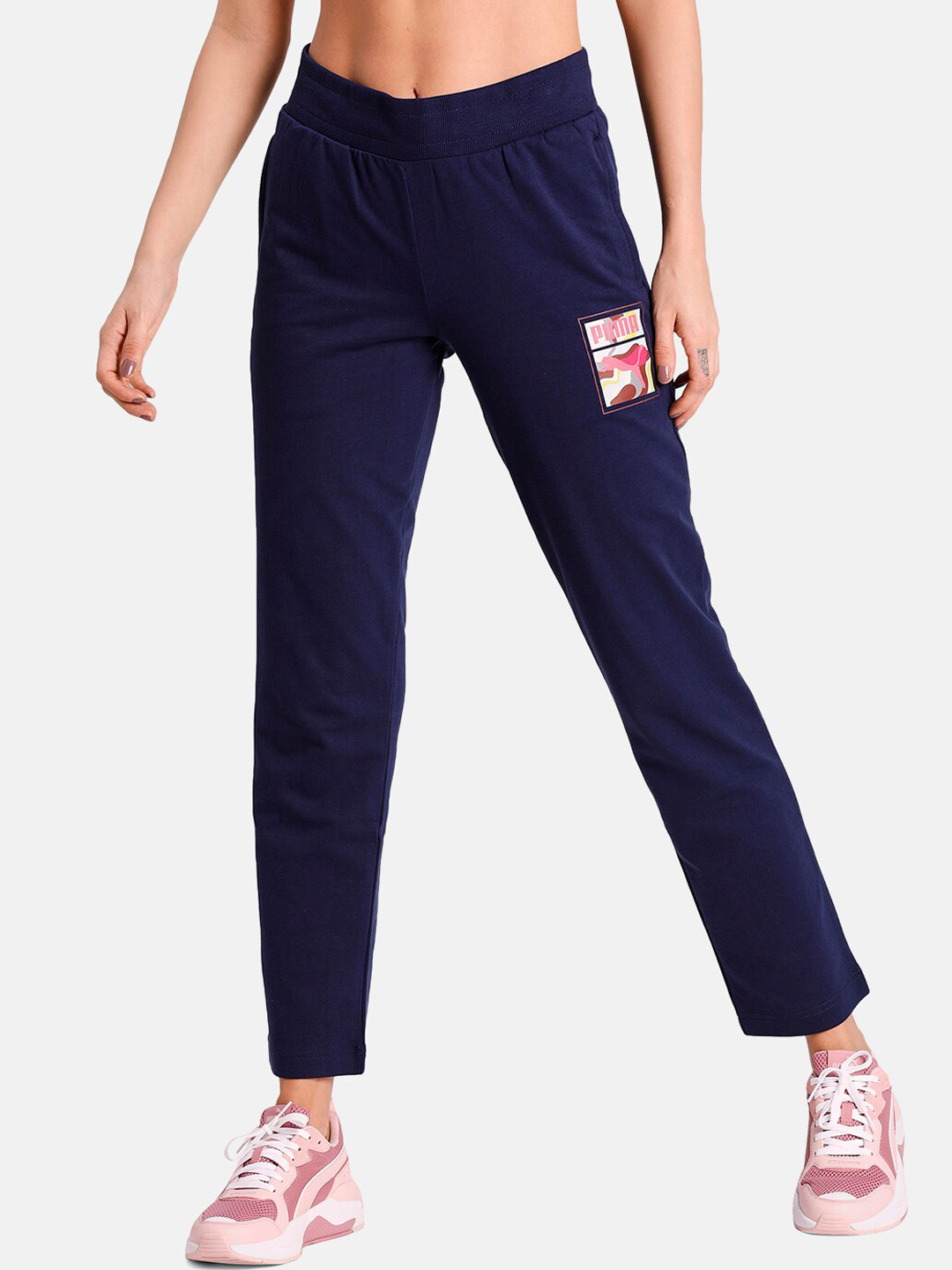 Buy Puma Women Navy Blue Solid PUMA Box Graphic Pants - Track Pants for ...