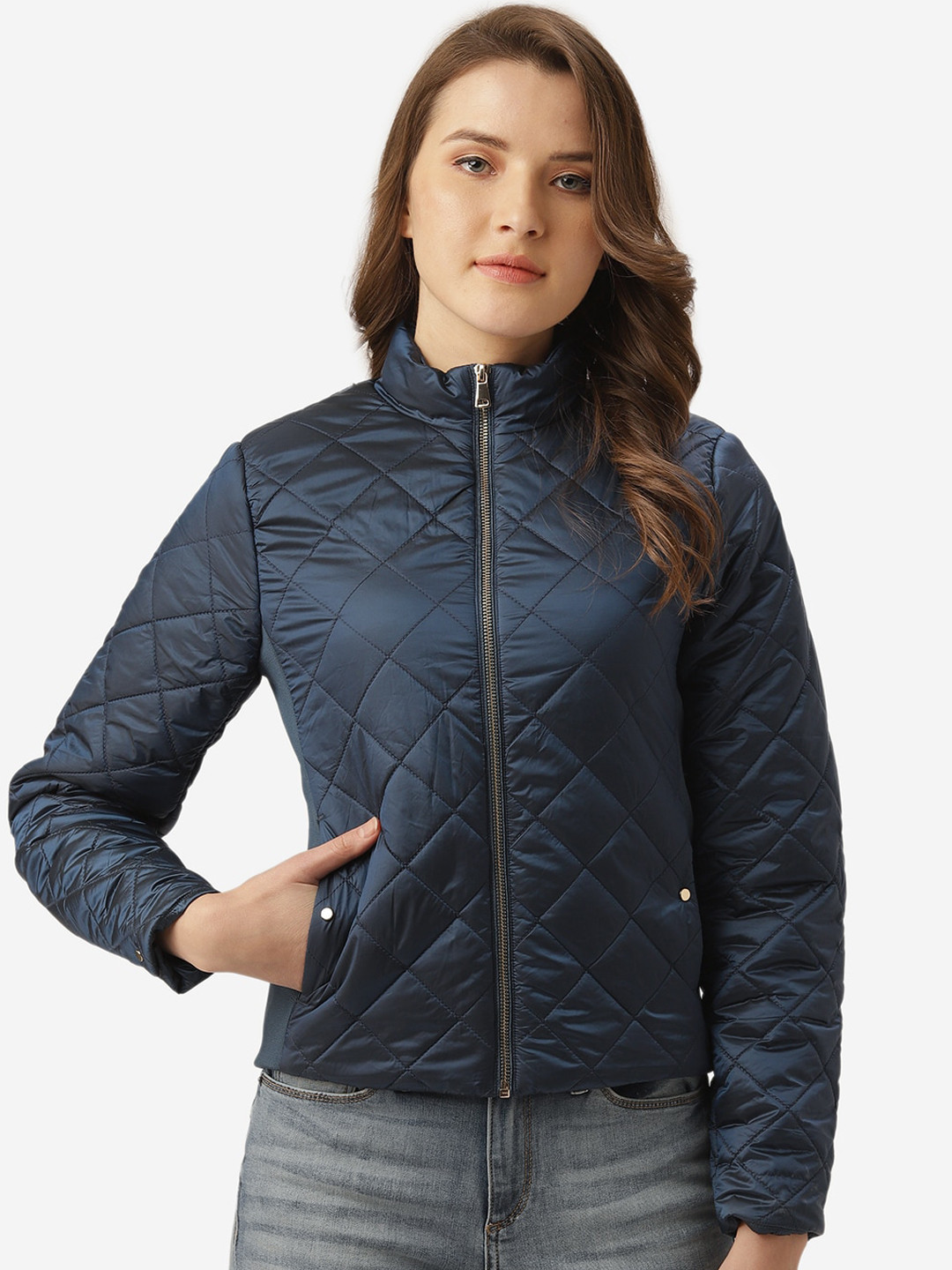 Buy Mode By Red Tape Women Navy Blue Solid Puffer Jacket - Jackets for ...