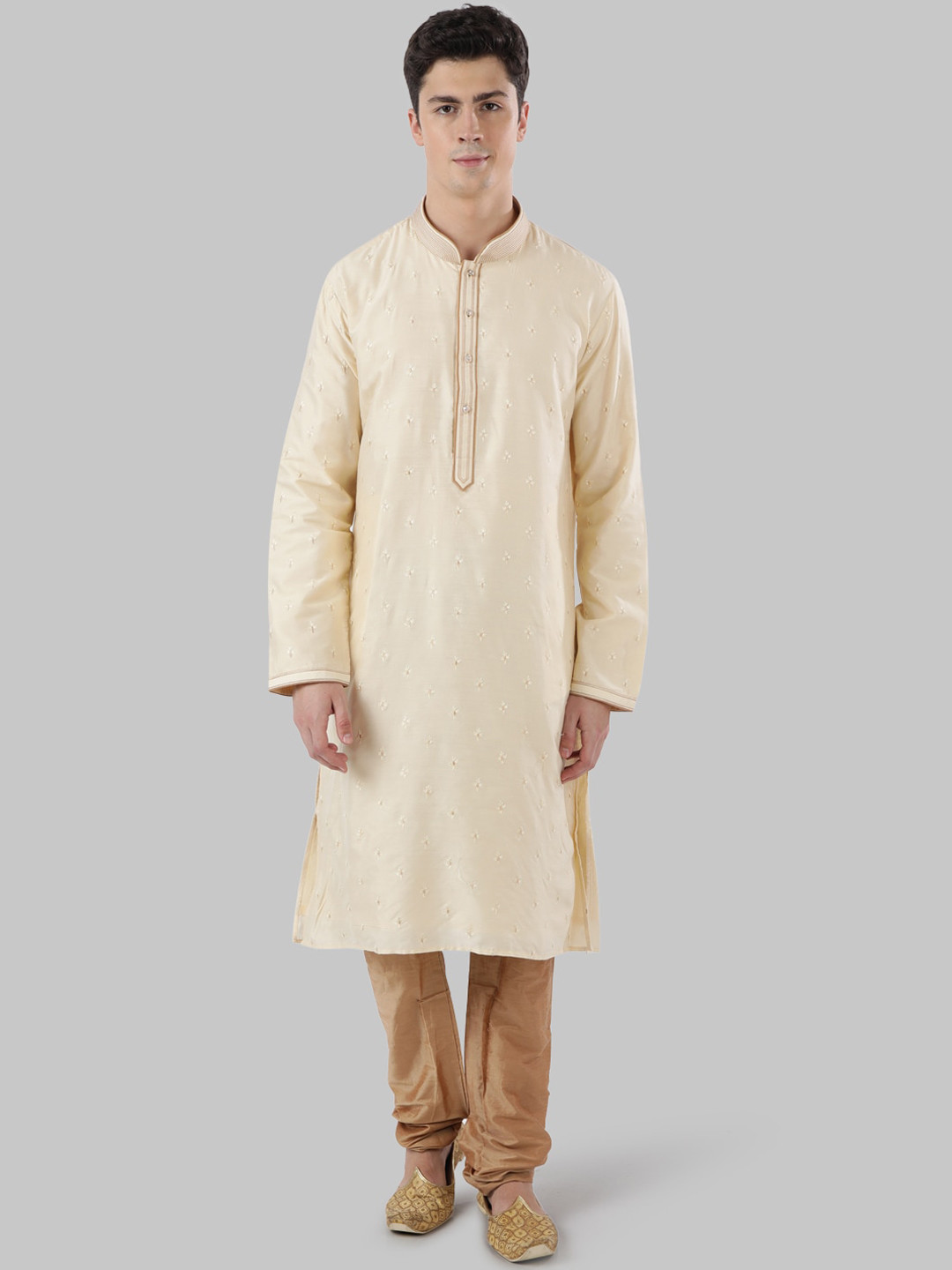 Buy Ethnix By Raymond Men Beige Embroidered Straight Kurta - Kurtas for ...