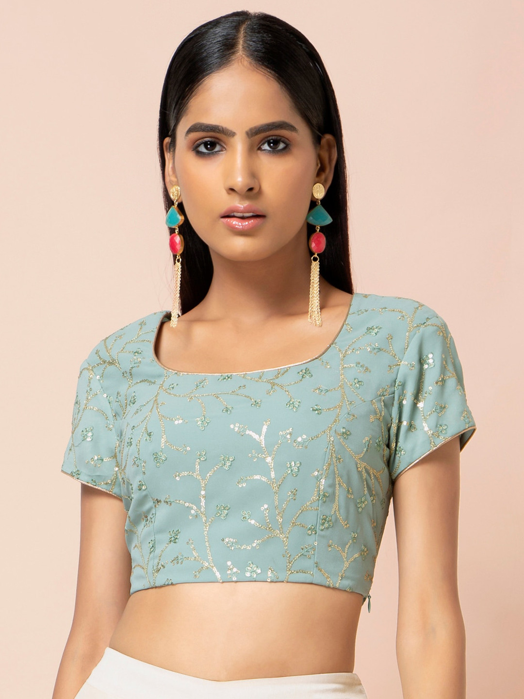 Buy INDYA Women Green Embroidered Ethnic Crop Top - Tops for Women ...