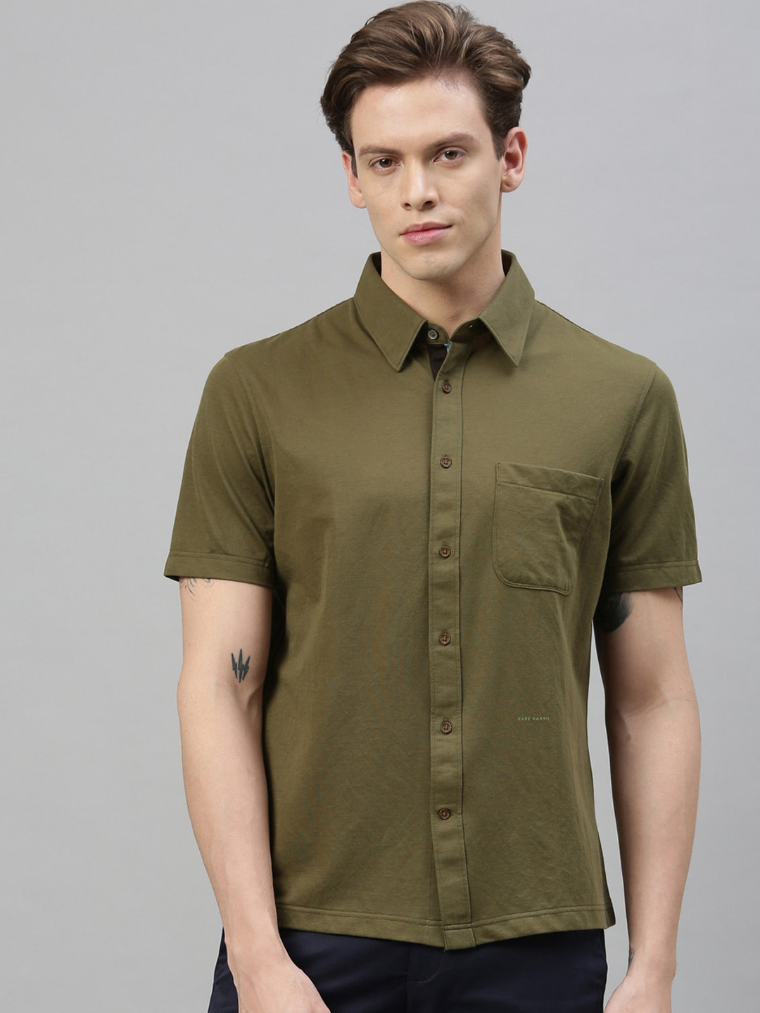 Buy RARE RABBIT Men Olive Green Tailored Fit Solid Casual Shirt ...