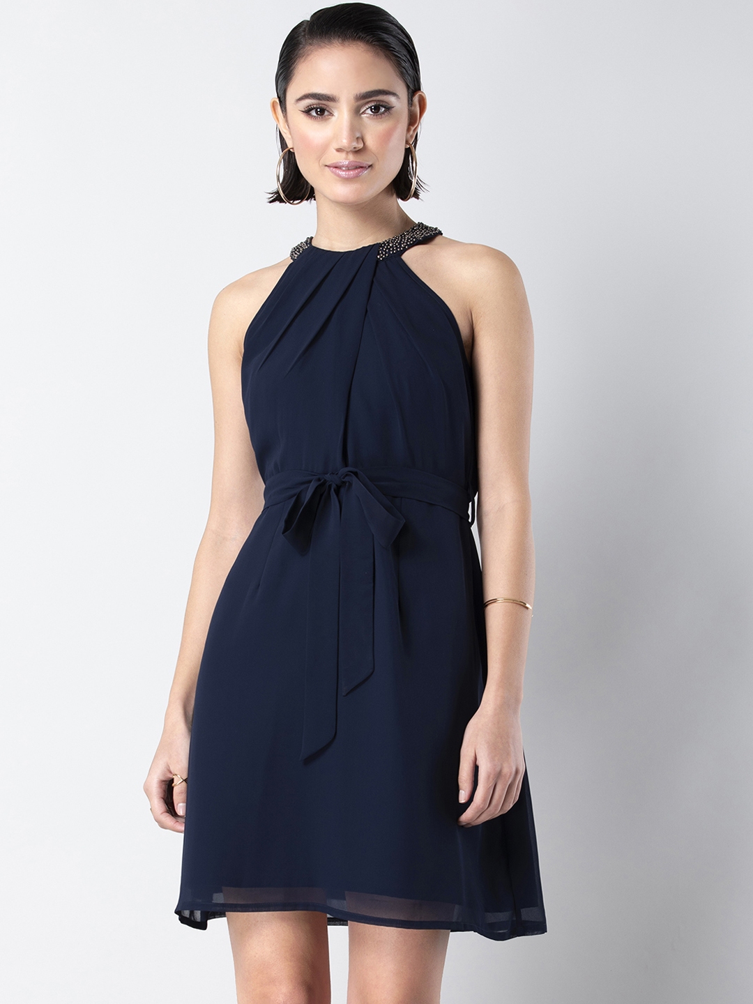 Buy Faballey Women Navy Blue Embellished A Line Dress Dresses For