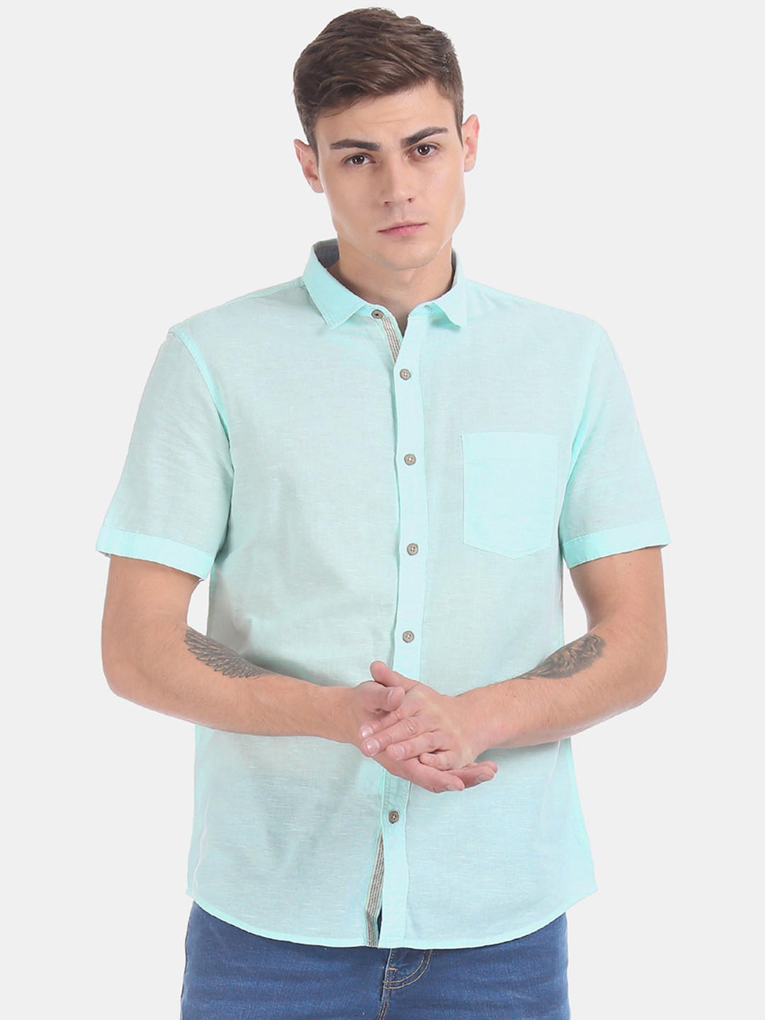 Buy Cherokee Men Turquoise Blue Regular Fit Solid Casual Shirt - Shirts ...