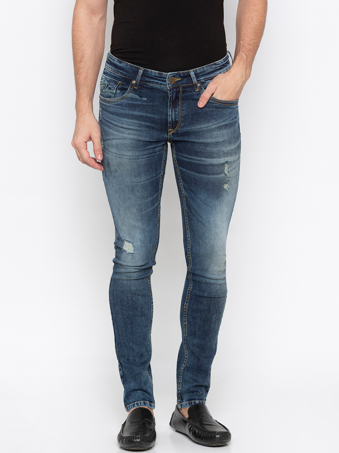 Buy SPYKAR Men Blue Super Skinny Fit Low Rise Low Distress Jeans ...