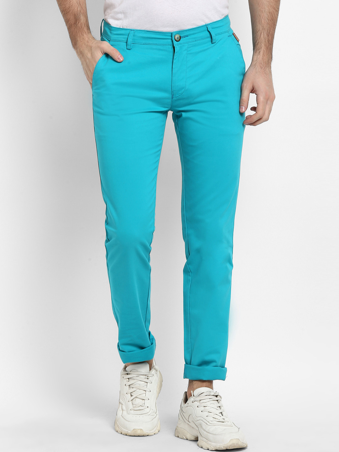 Buy Urbano Fashion Men Turquoise Blue Slim Fit Solid Regular Trousers ...