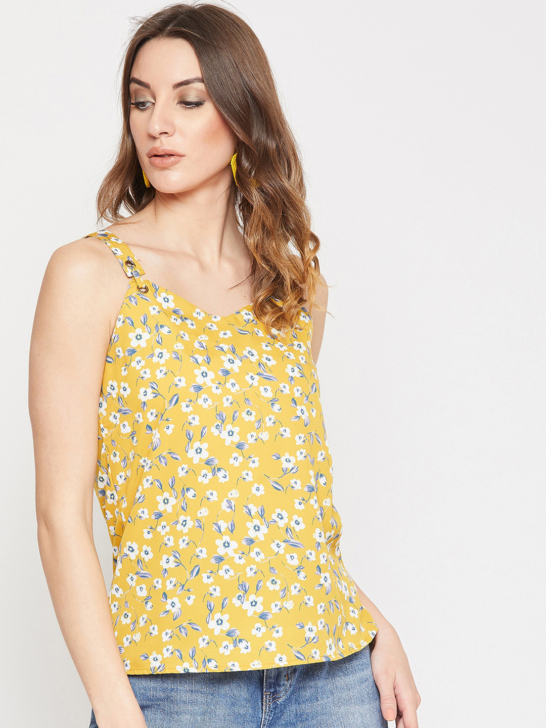 Buy Marie Claire Yellow Floral Sleeveless Top With Shoulder Straps ...