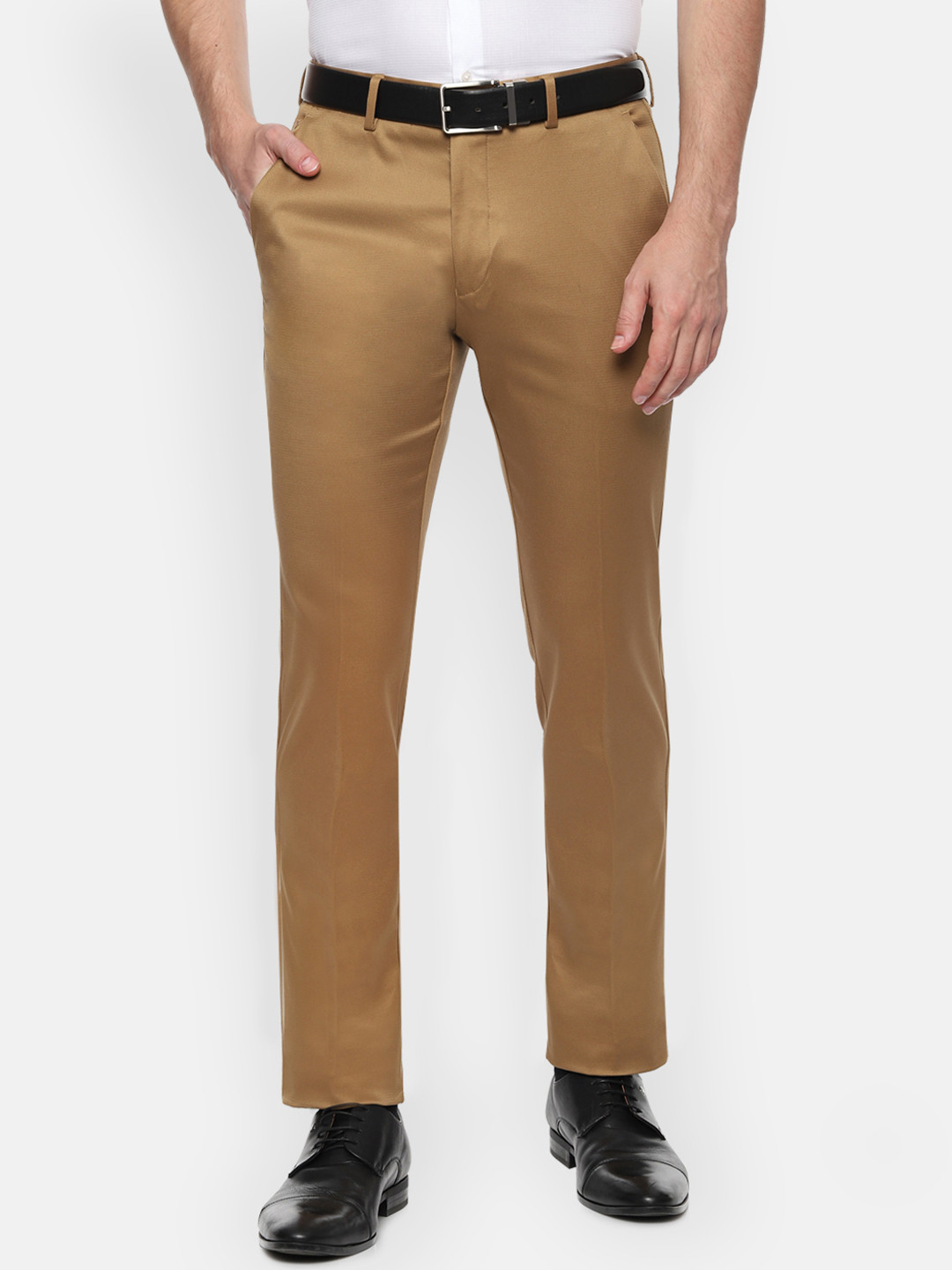 Buy Louis Philippe Men Khaki Brown Slim Fit Solid Formal Trousers ...