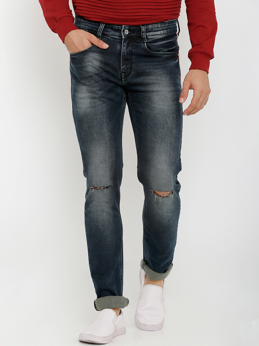 Buy Rex Straut Jeans Men Black Tapered Fit Mid Rise Slash Knee Jeans ...