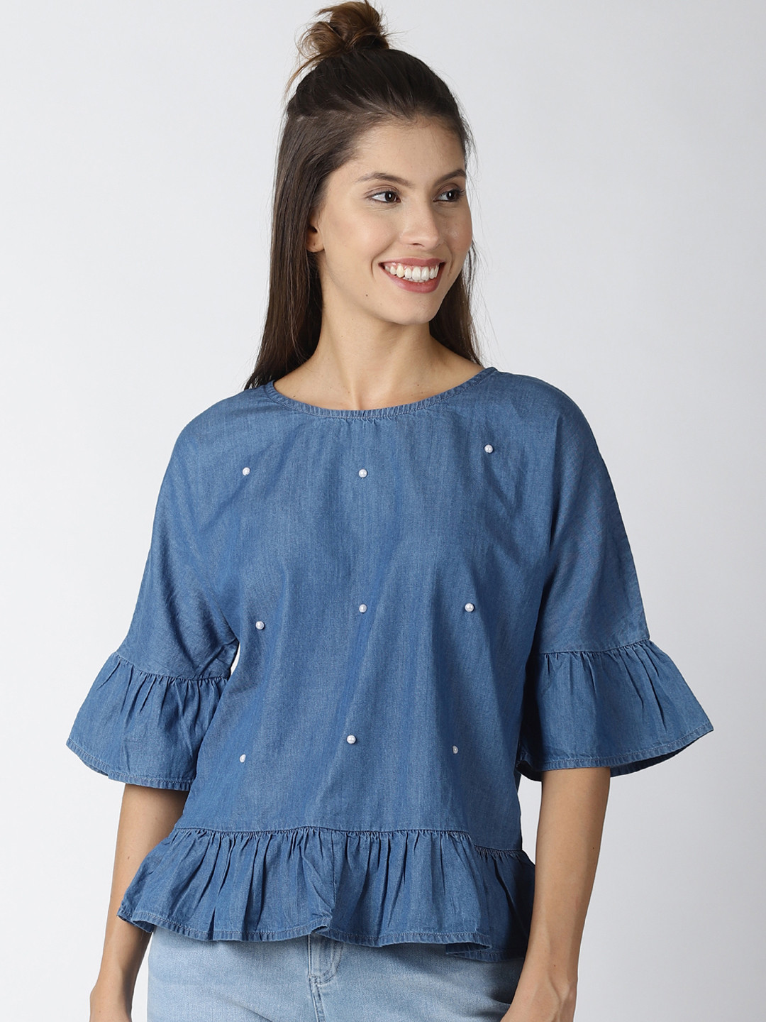 Buy Blue Saint Women Blue Embellished Denim Peplum Top - Tops for Women ...