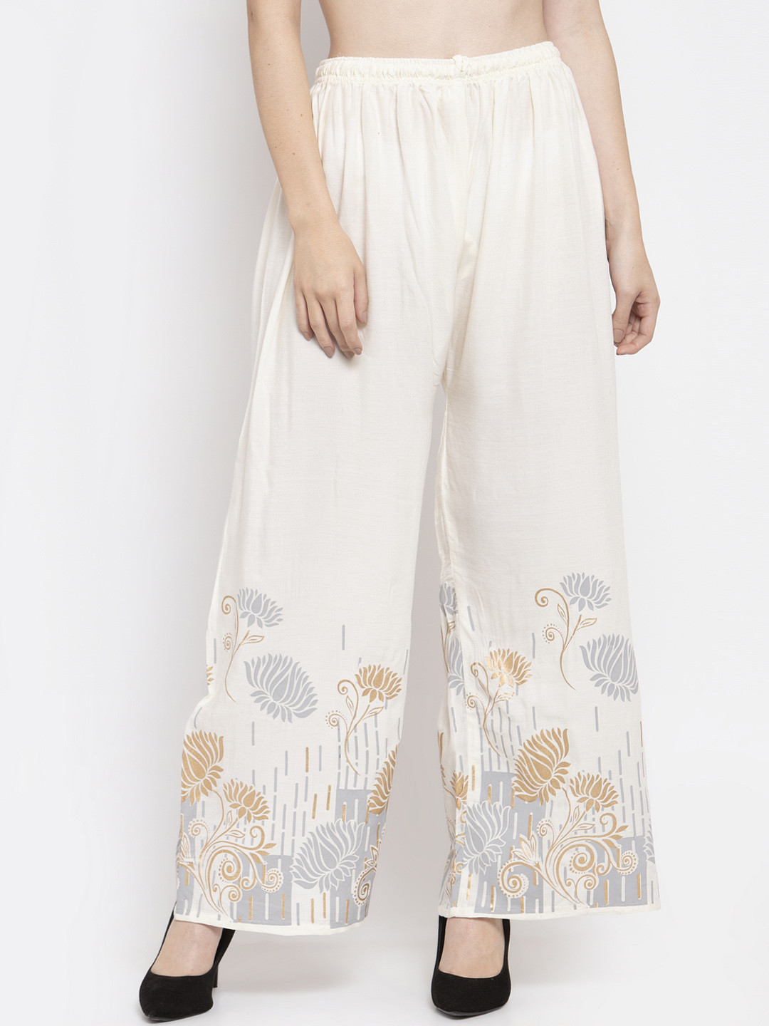 Buy Clora Creation Women Cream Coloured Printed Wide Leg Palazzos ...