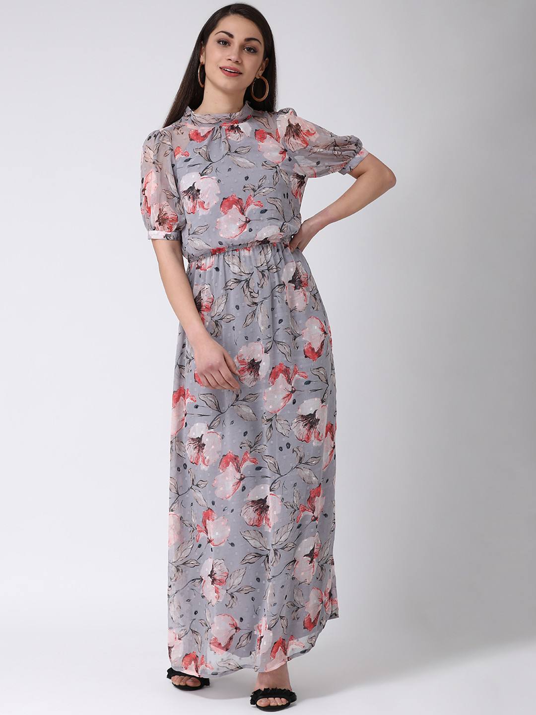 Buy Latin Quarters Women Grey & Red Floral Printed Maxi Dress - Dresses ...