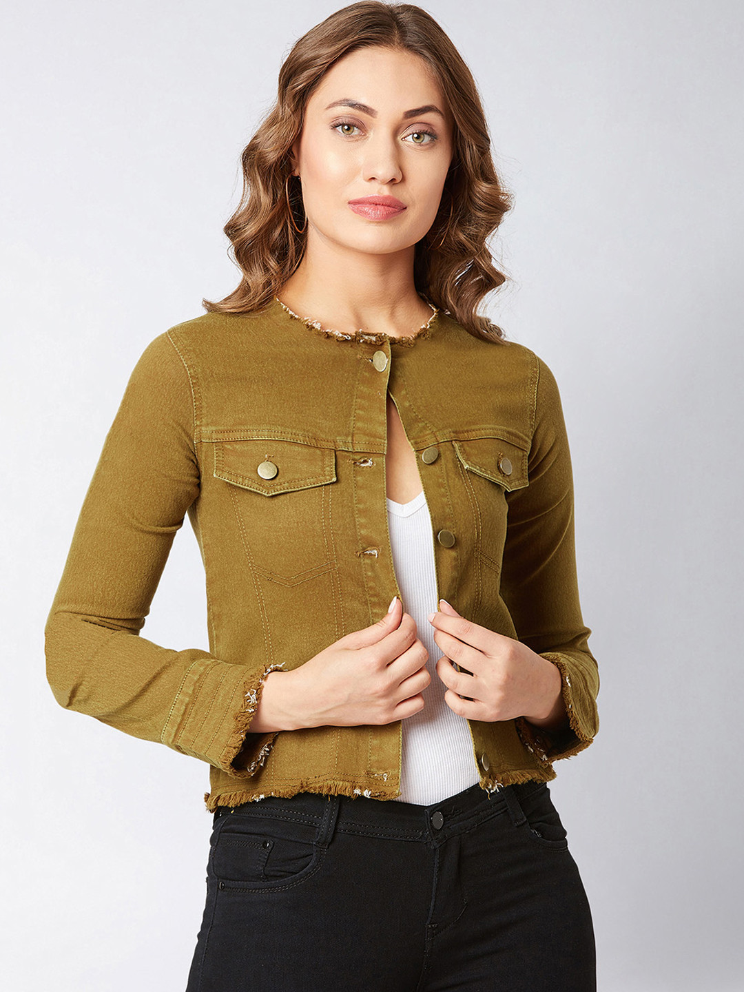 Buy Miss Chase Women Olive Green Solid Denim Jacket - Jackets for Women ...