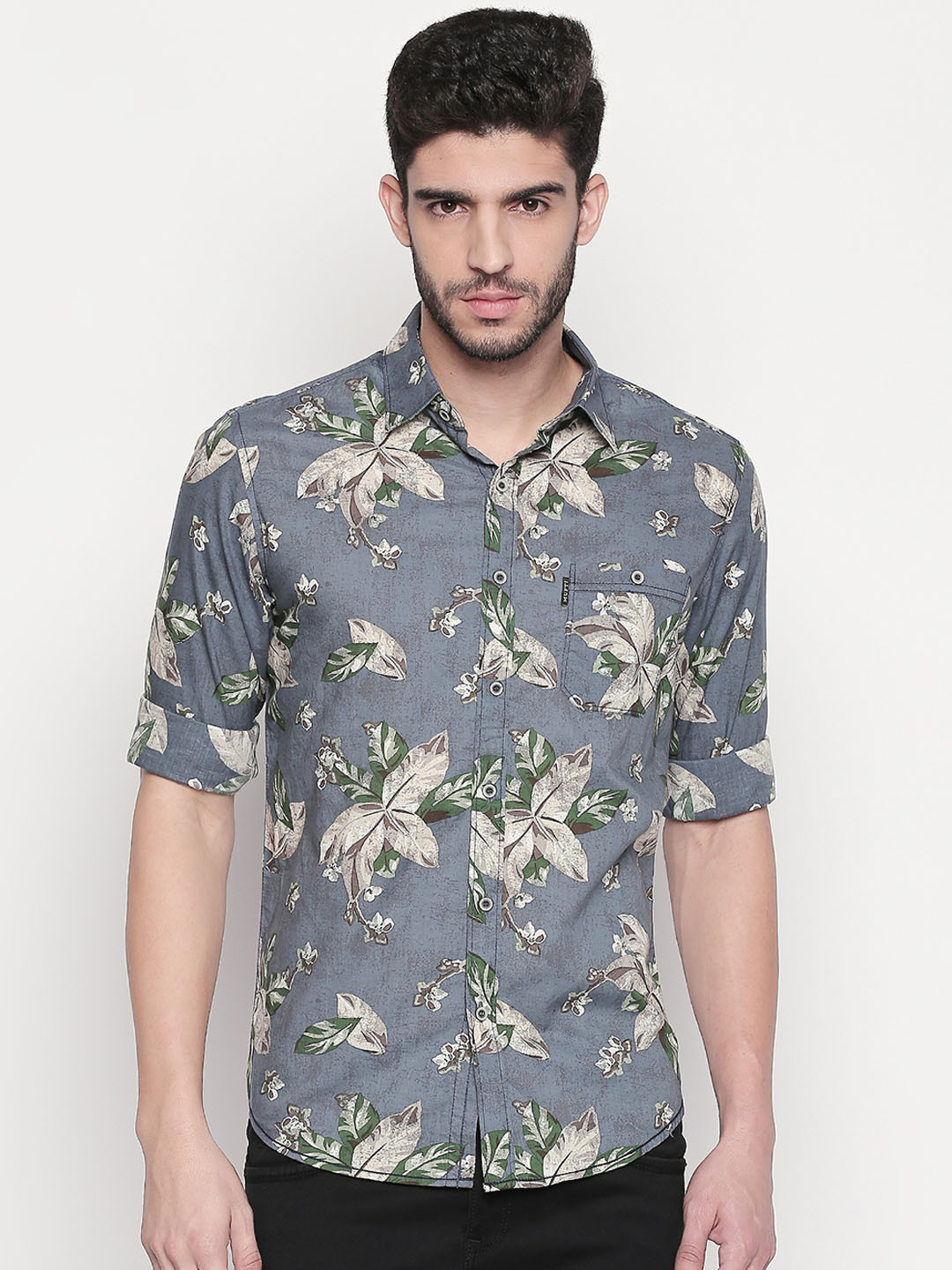 Buy Mufti Men Grey & Yellow Slim Fit Printed Casual Shirt - Shirts for ...