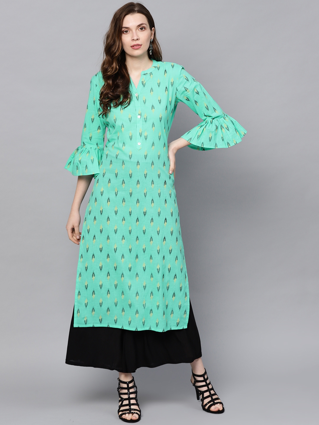 Buy Varanga Women Sea Green And Black Printed Straight Kurta Kurtas For