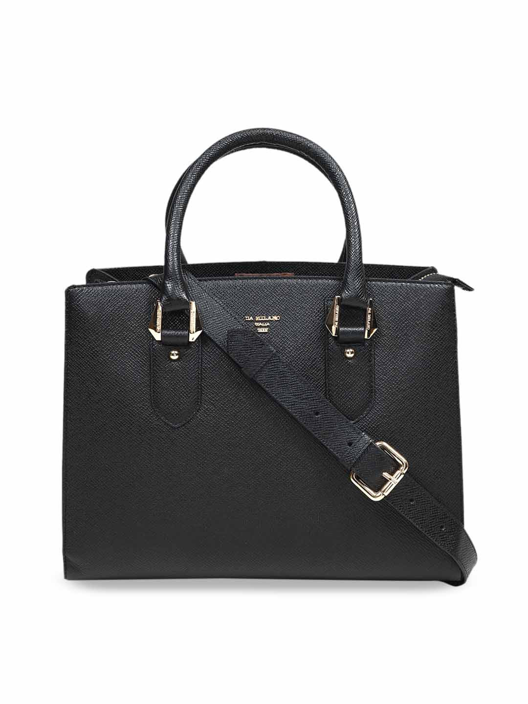 Buy Da Milano Black Solid Leather Handheld Bag - Handbags for Women ...