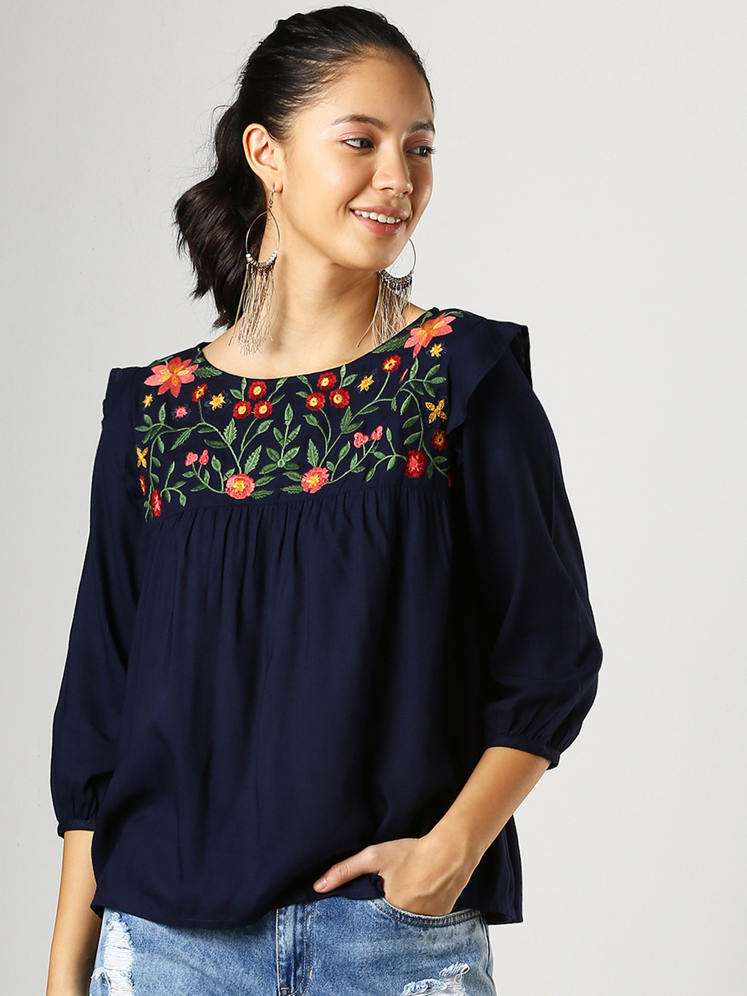 Buy Spoyl Women Navy Blue Floral A Line Top - Tops for Women 11699486 ...